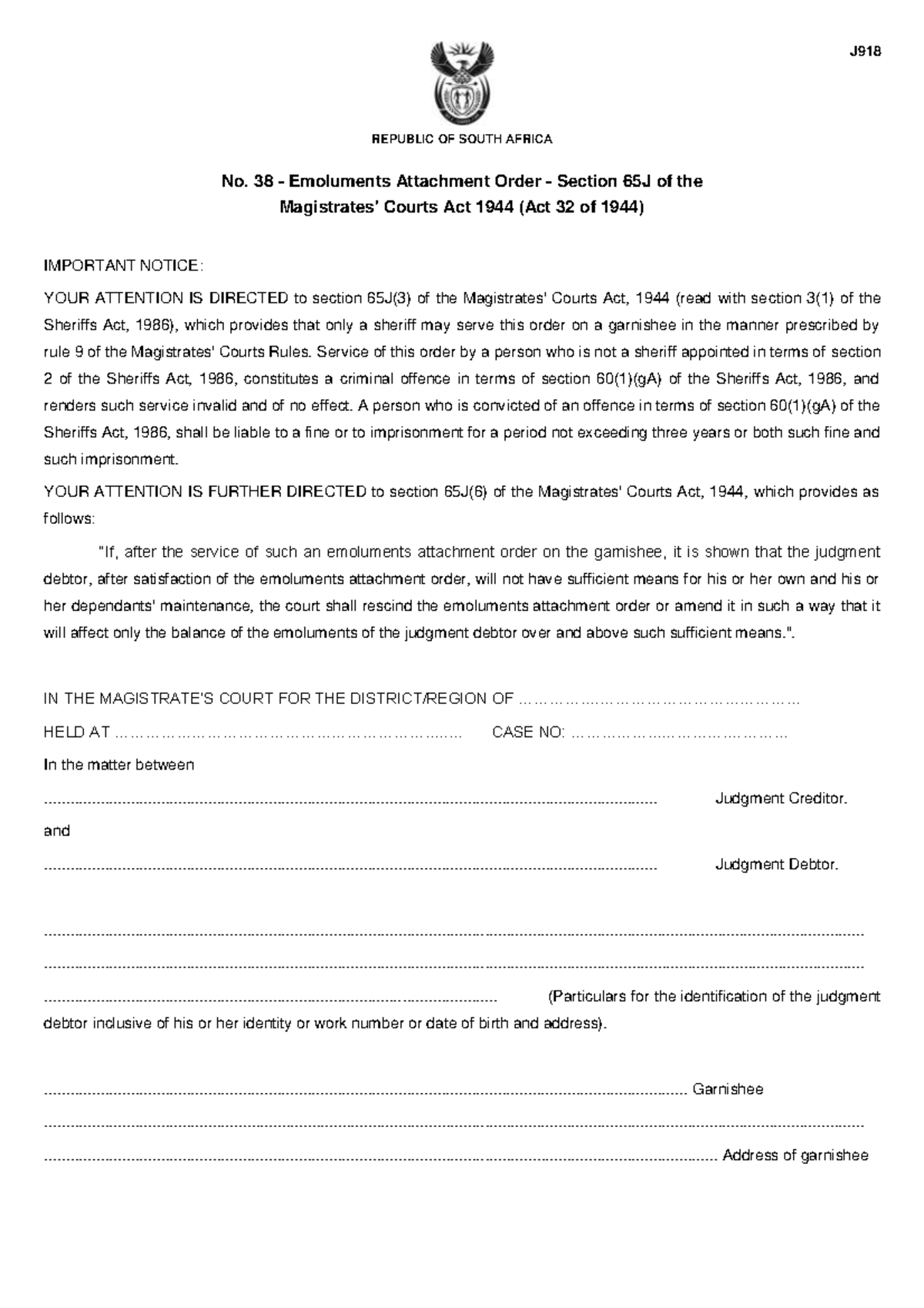J918-form38 - Notes - J REPUBLIC OF SOUTH AFRICA No. 38 - Emoluments ...