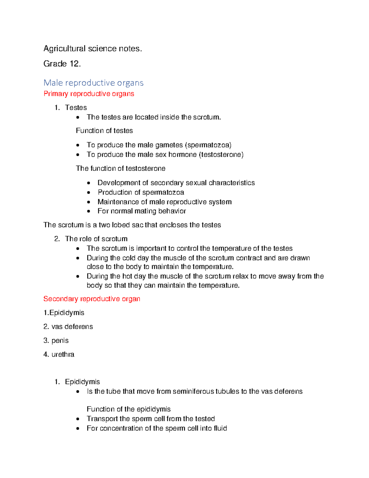 Agricultural science notes - Grade 12. Male reproductive organs Primary ...