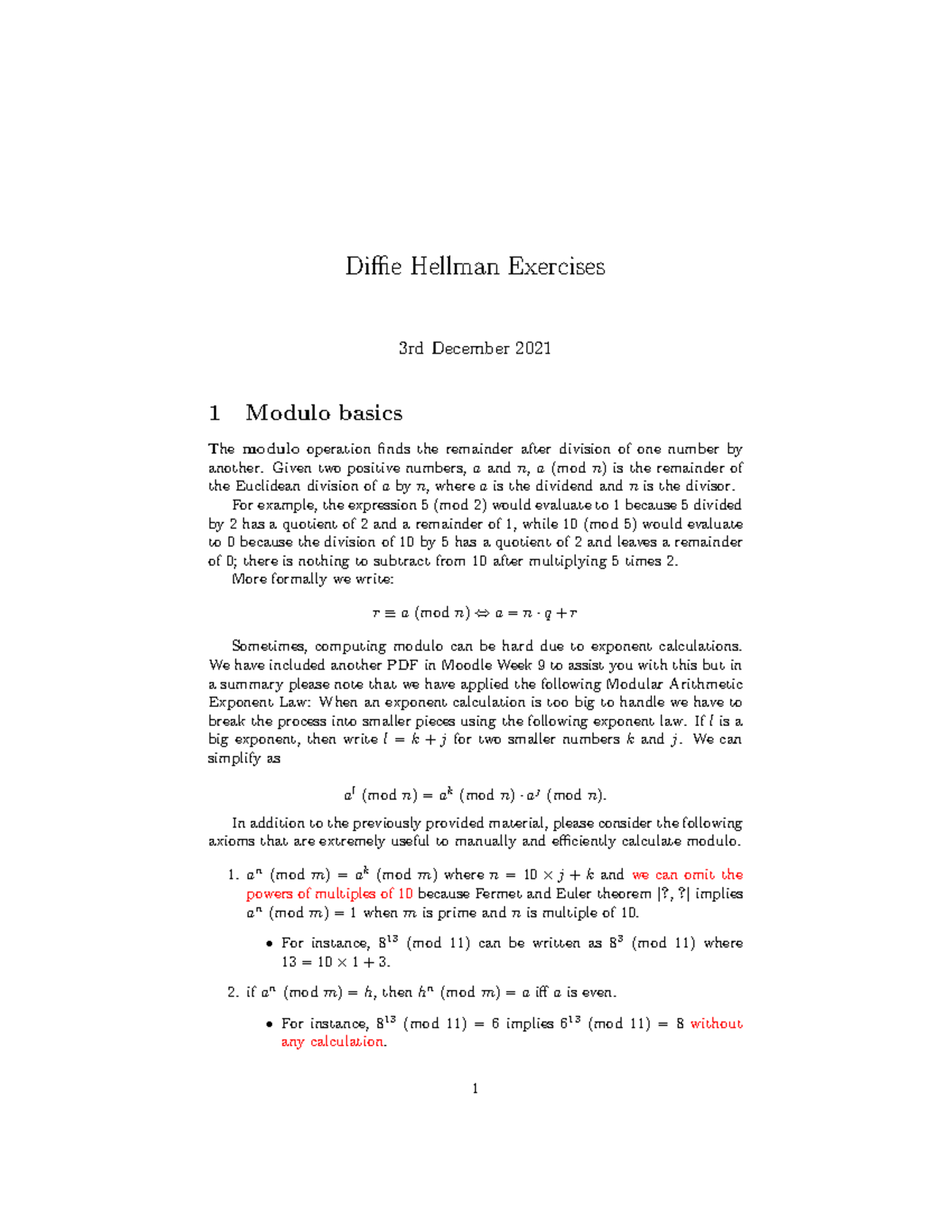 T9-COMP1806-2021 Exercise 1 Solution - Diffie Hellman Exercises 3rd December 2021 1 Modulo ...