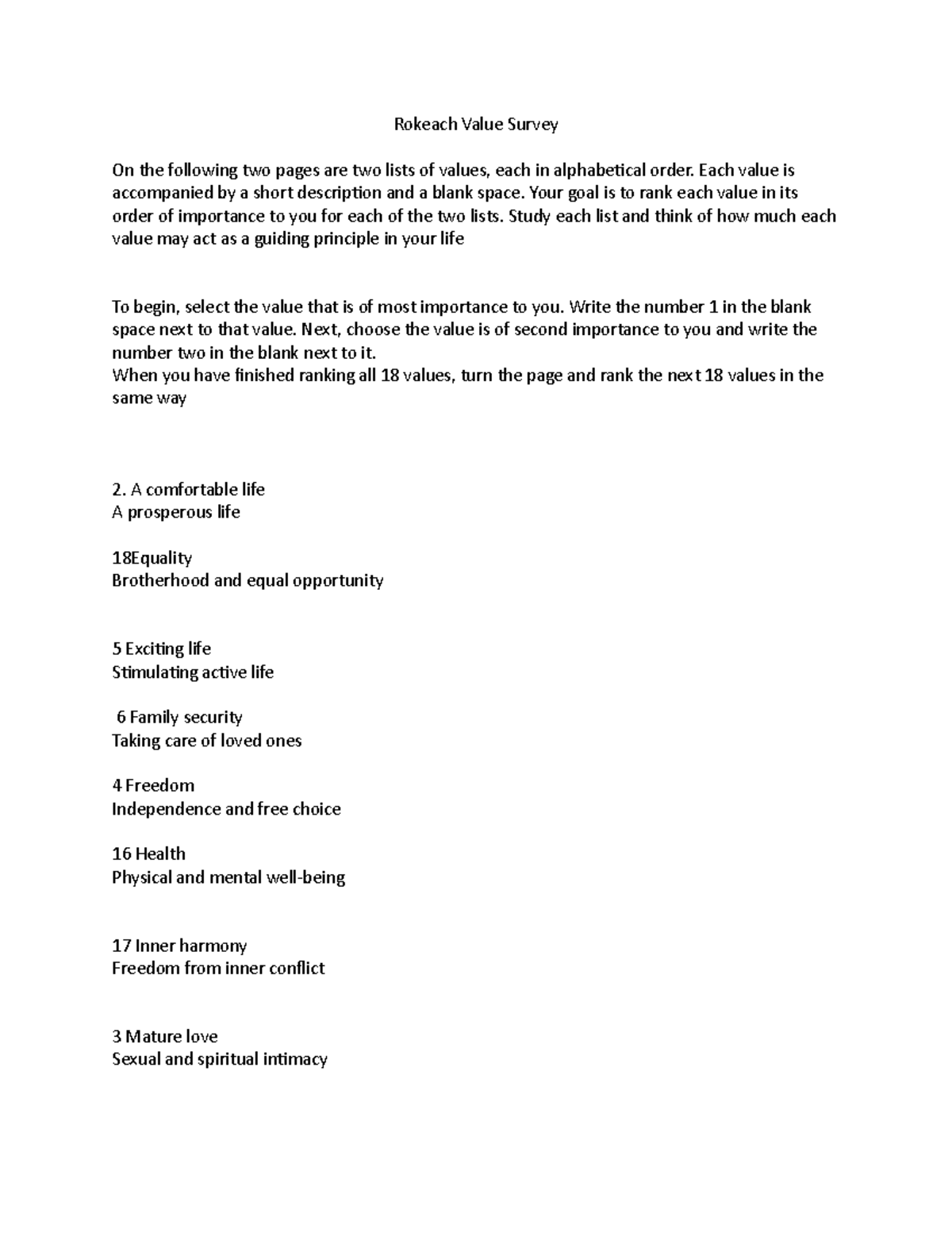 Rokeach Value Survey Each Value Is Accompanied By A Short Description Rokeach Value Survey Each Value Is Accompanied By A Short Description
