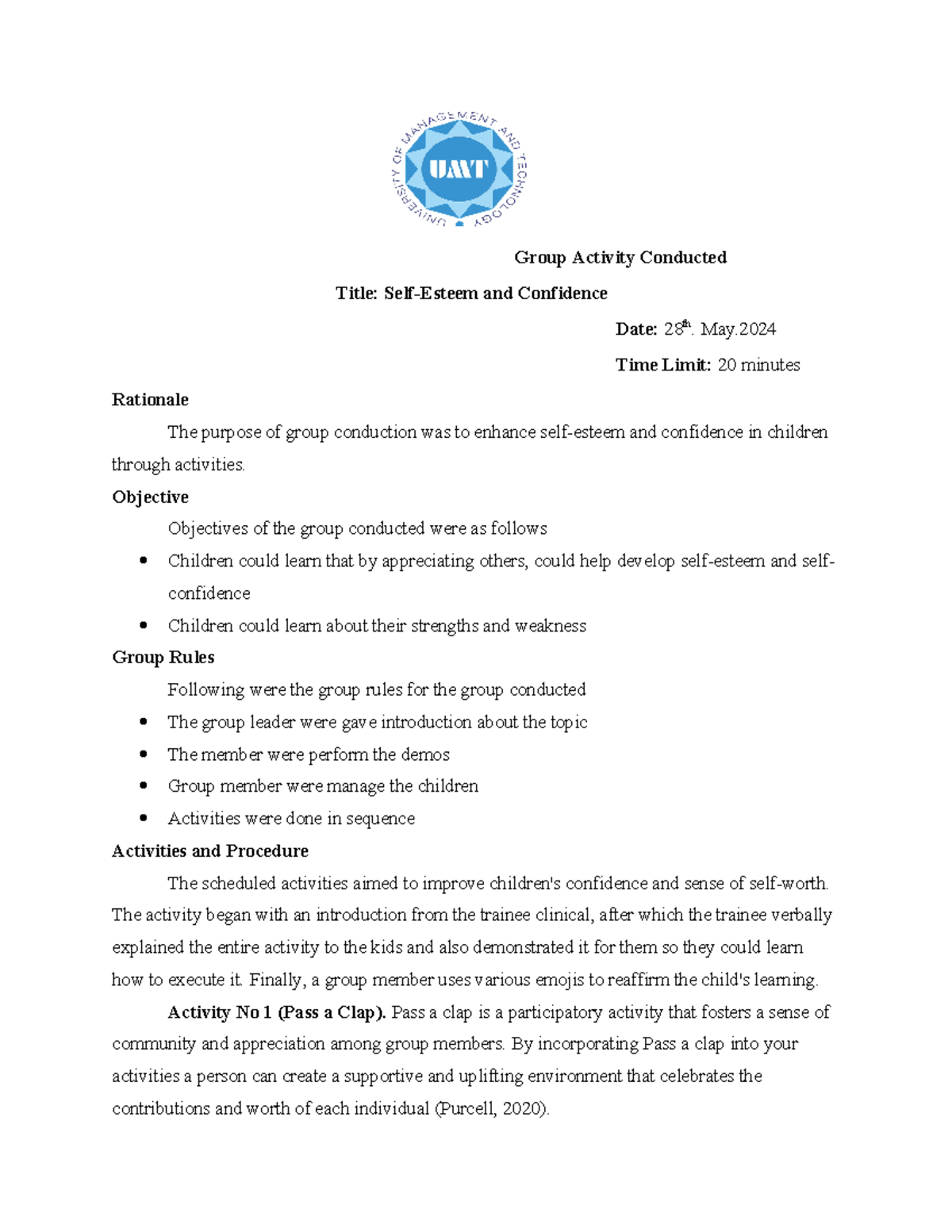 Group Activity 1-1 - Group Activity Conducted Title: Self-Esteem and ...