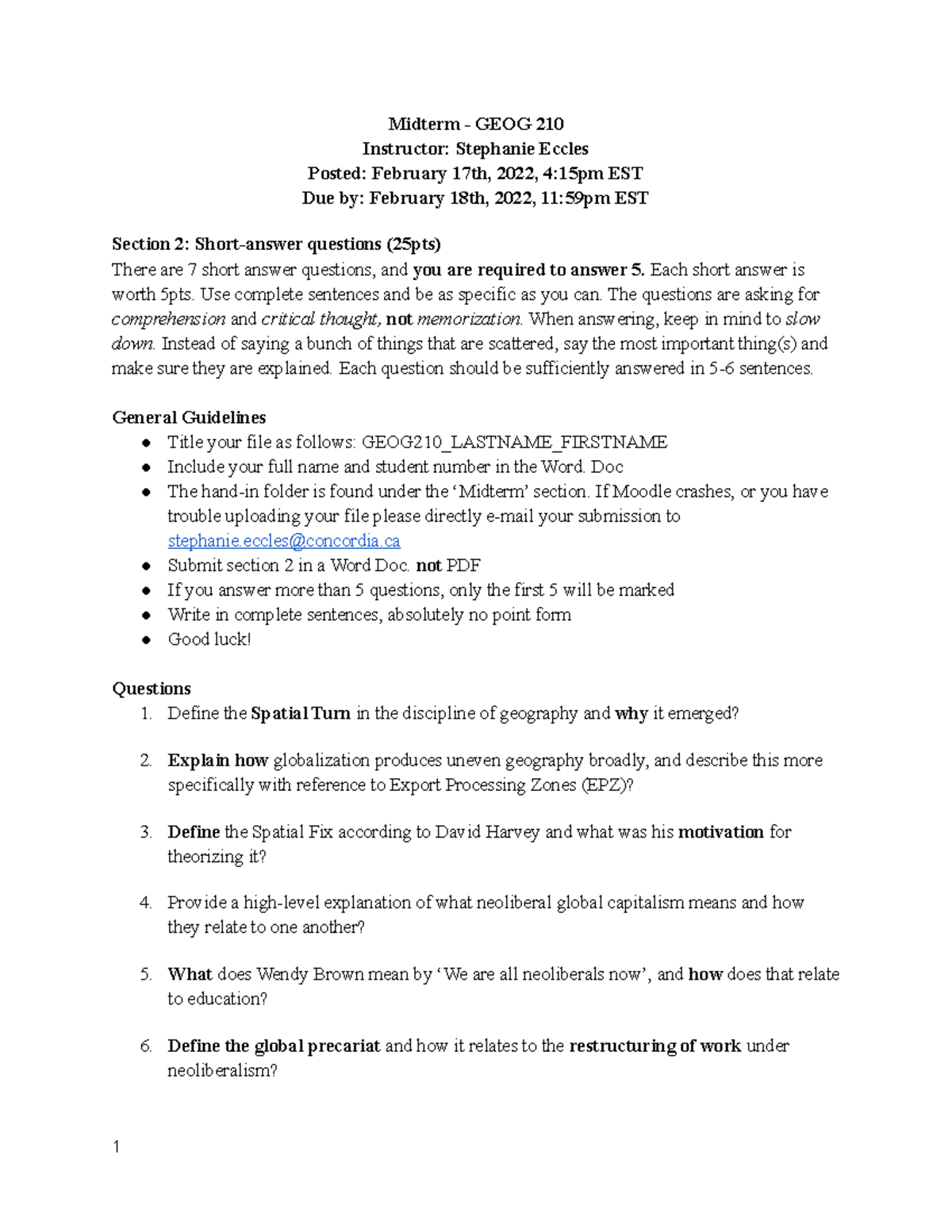 GEOG 210 Midterm - Section 2-3 - Midterm - GEOG 210 Instructor ...