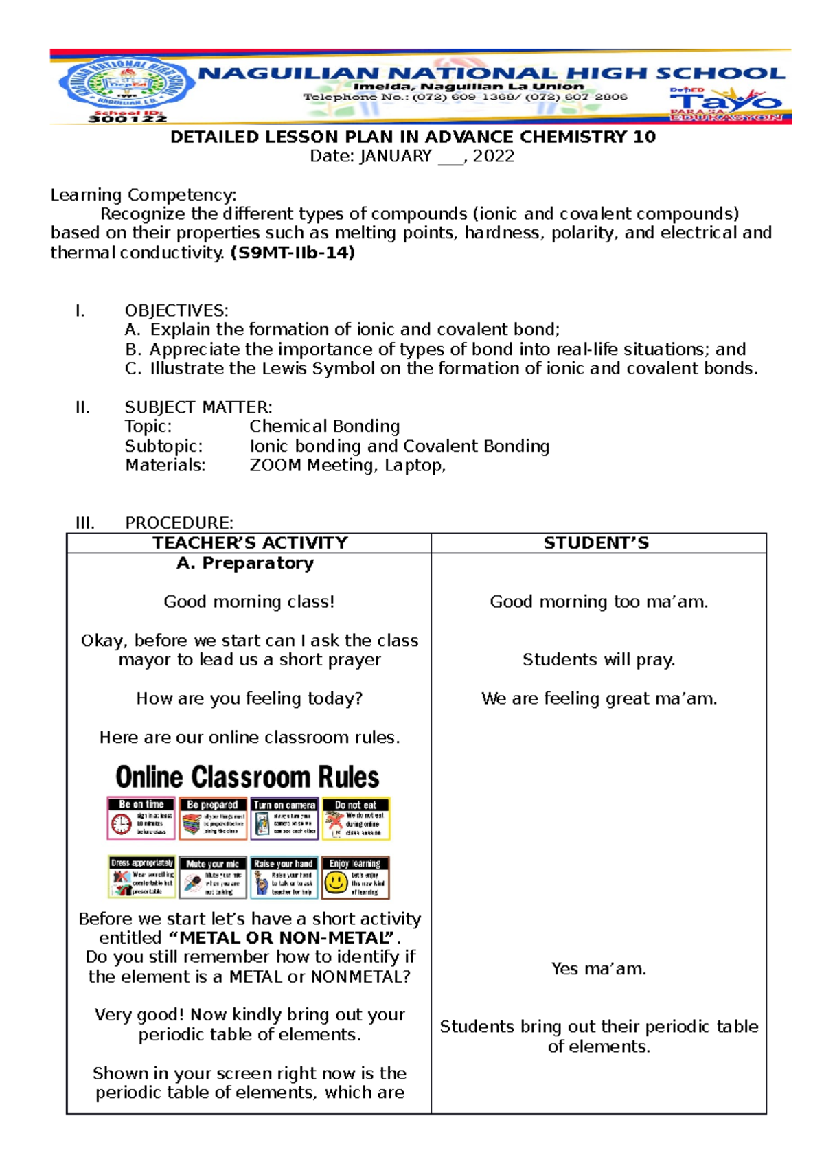 DLL- Advance Chemistry 10-Q2- Chemical Bonding - DETAILED LESSON PLAN ...