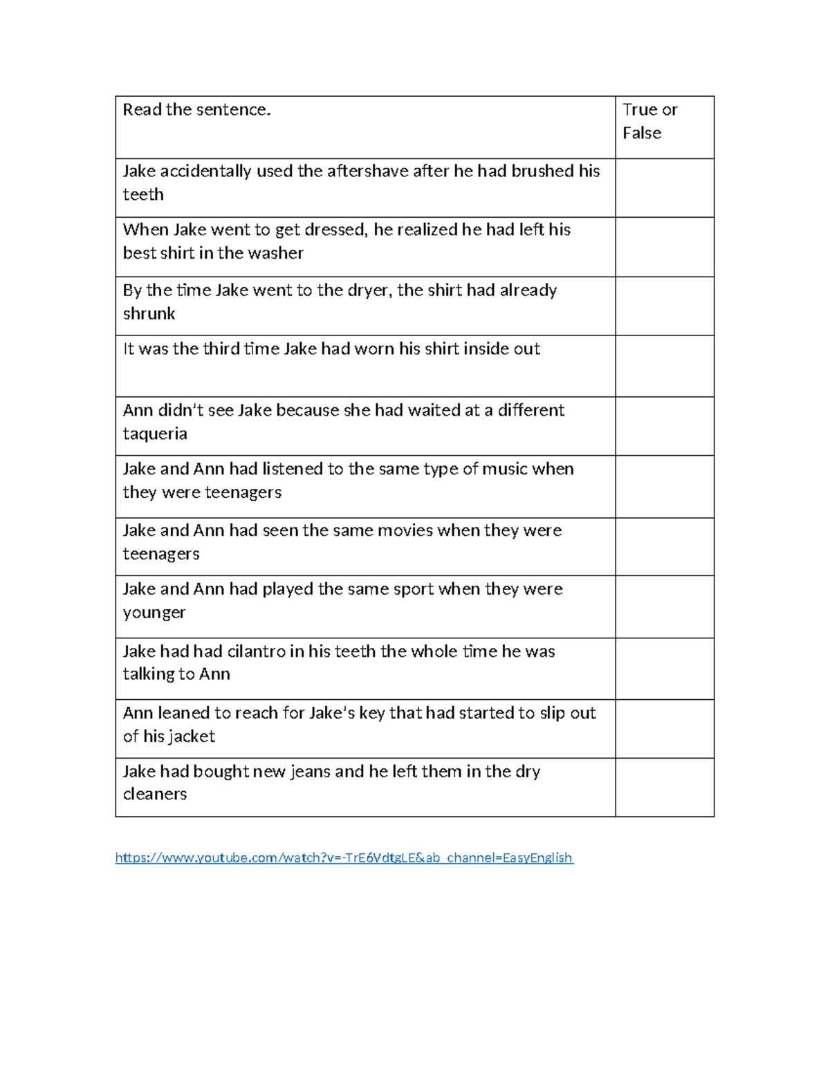 True or False Listening - Read the sentence. True or False Jake ...