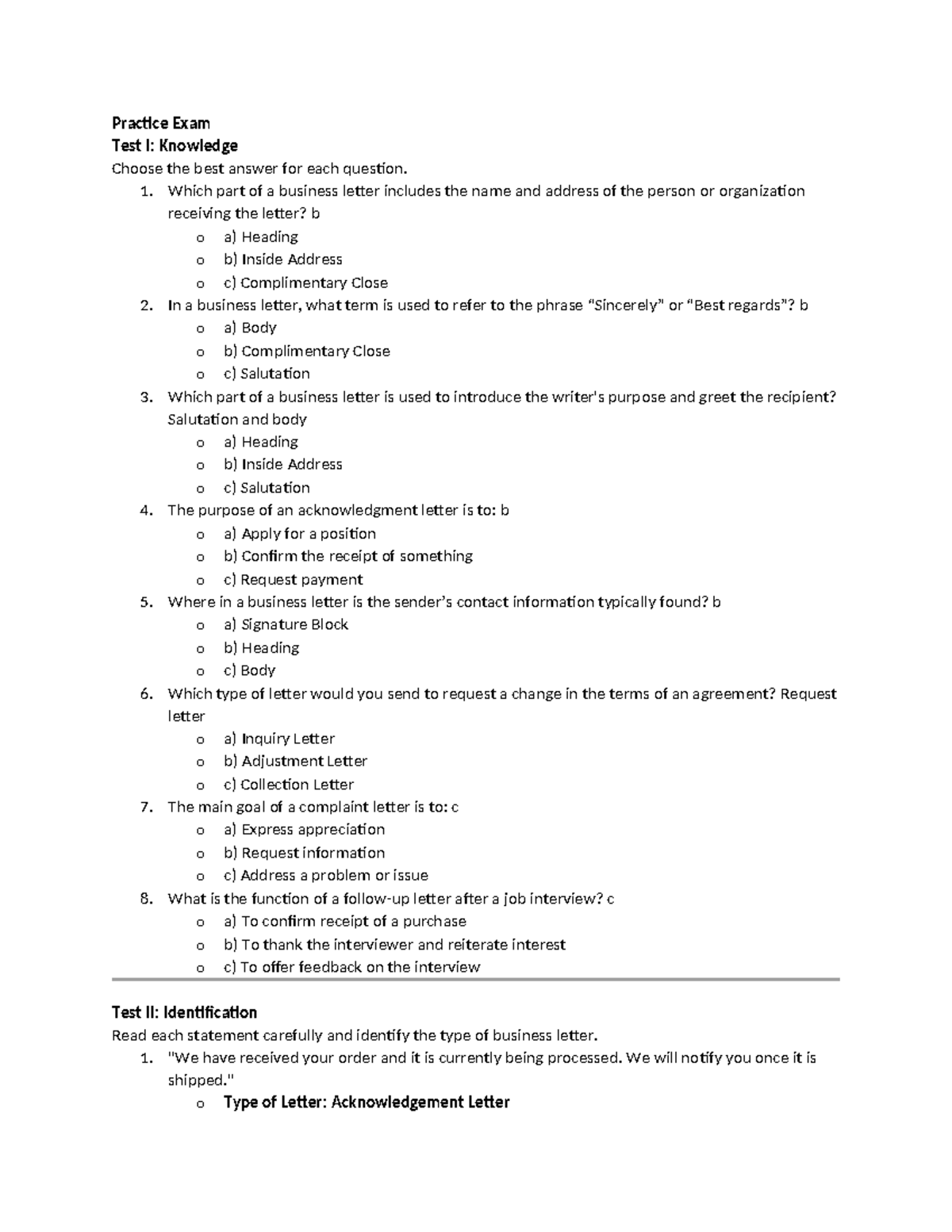 Mock Exam p2 - exam question - Practice Exam Test I: Knowledge Choose ...