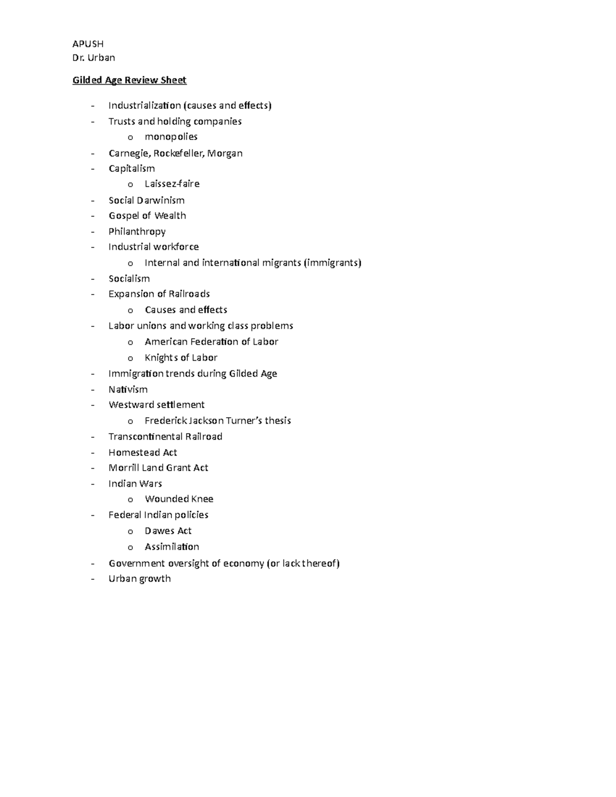 Gilded age review sheet - APUSH Dr. Urban Gilded Age Review Sheet ...