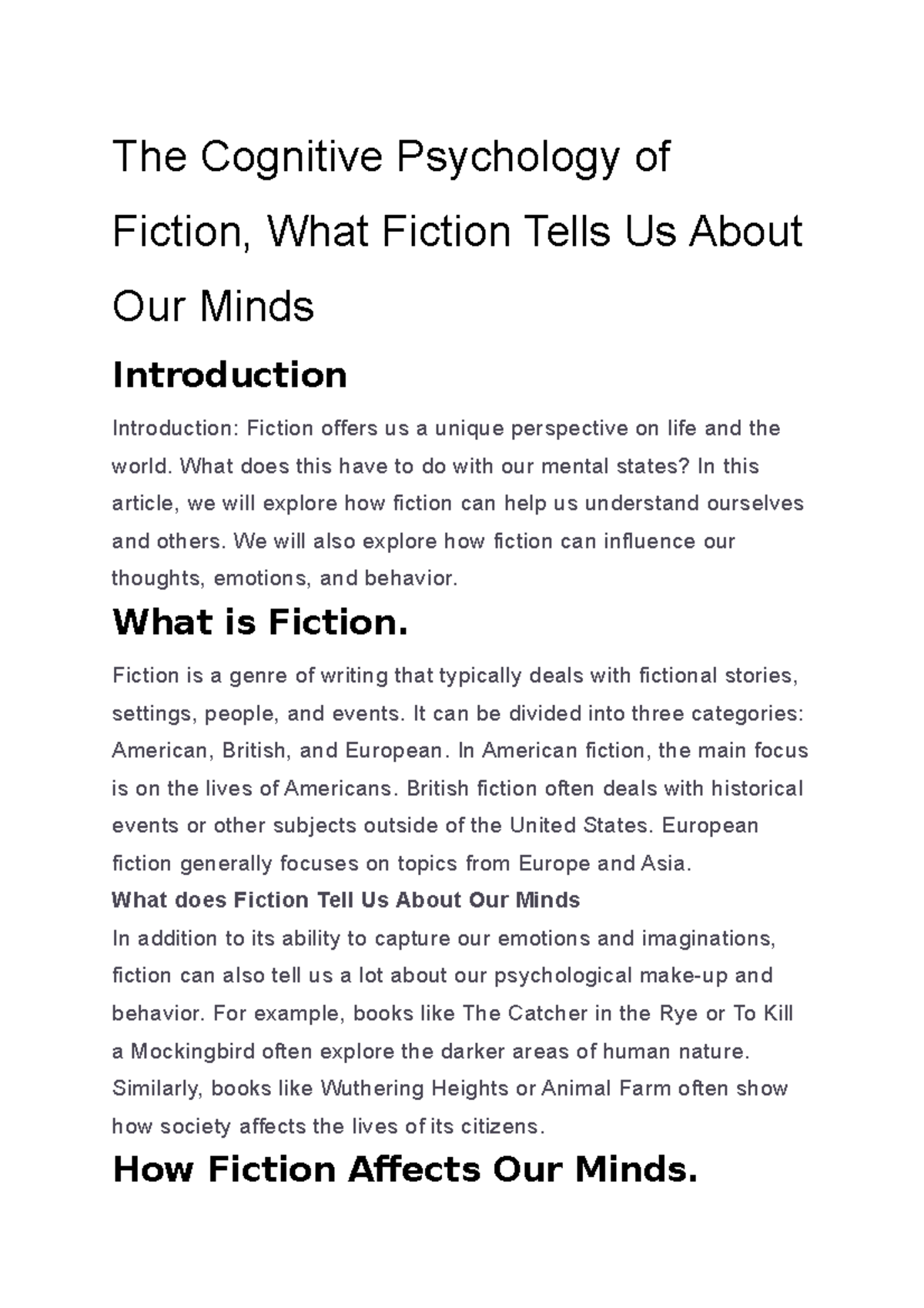 The Cognitive Psychology of Fiction, What Fiction Tells Us About Our ...