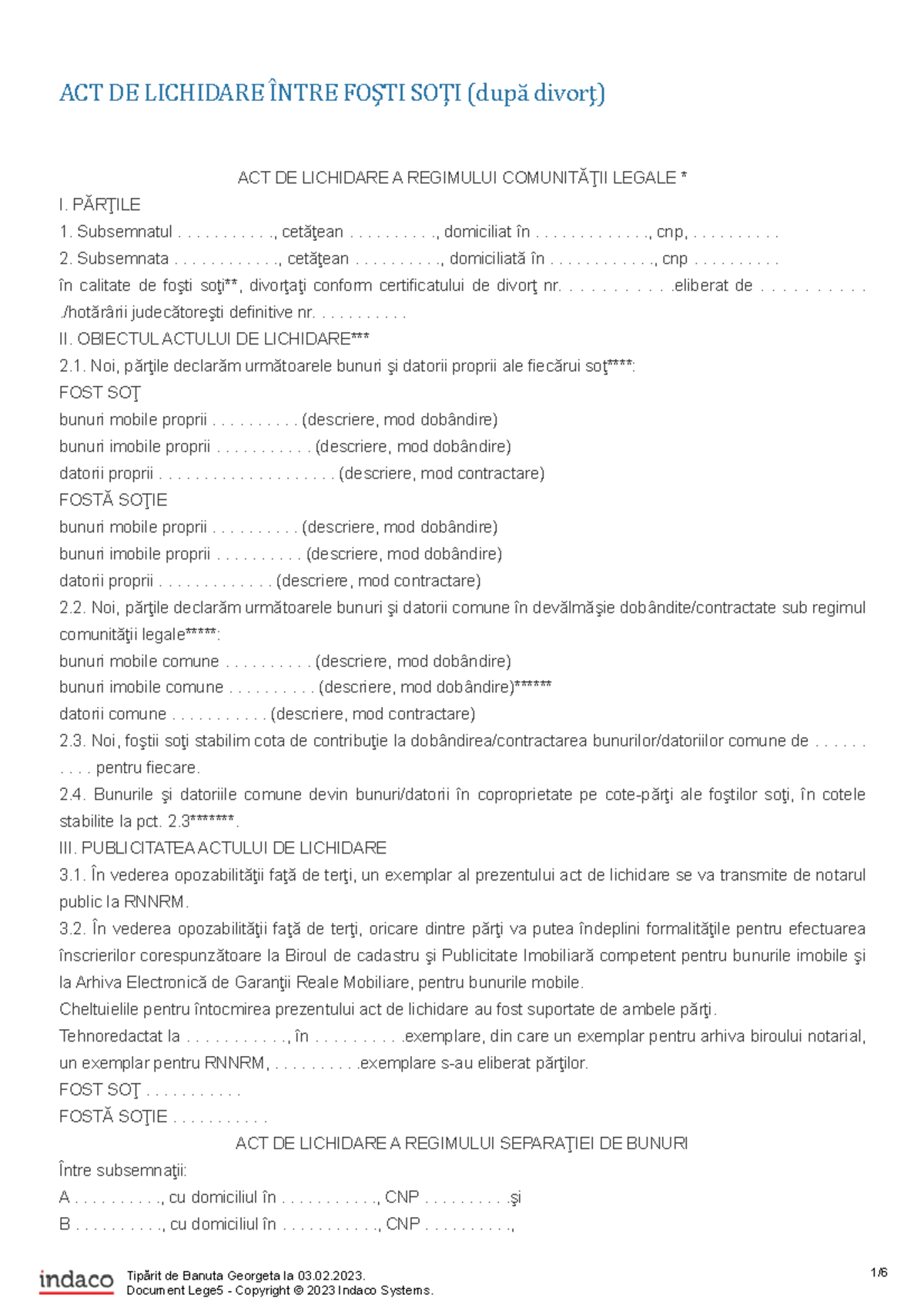 Act de lichidare intre fosti soti dupa divort - ACT DE LICHIDARE INTRE ...