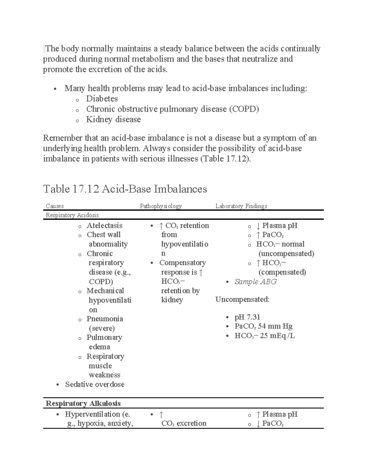 Acid base balance - Summary Nursing - The body normally maintains a ...