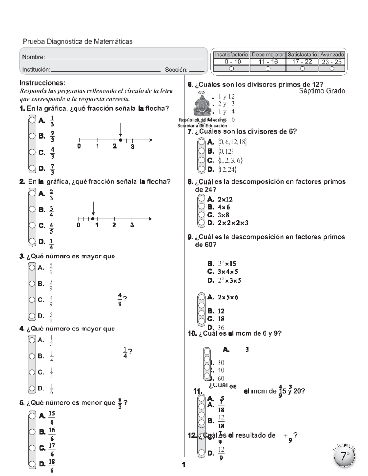 Prueba Diagnóstica 7º Matemáticas (2011 ) - Matemática Básica - Studocu
