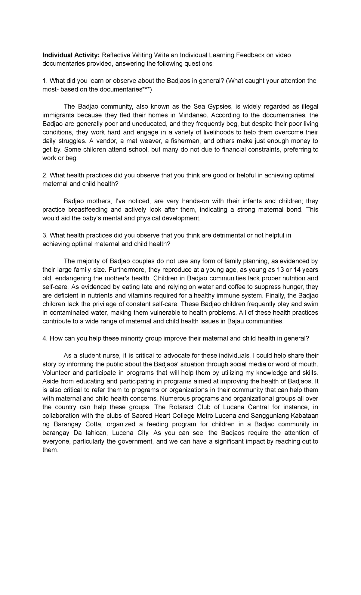 MCN Individual Activity - Individual Activity: Reflective Writing Write ...