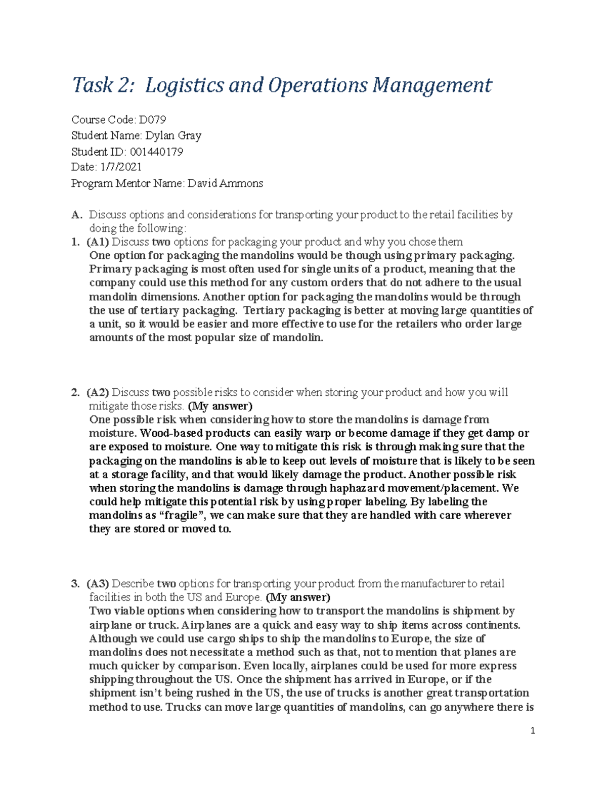 D079 Template PA Task 2 - Task 2: Logistics and Operations Management ...
