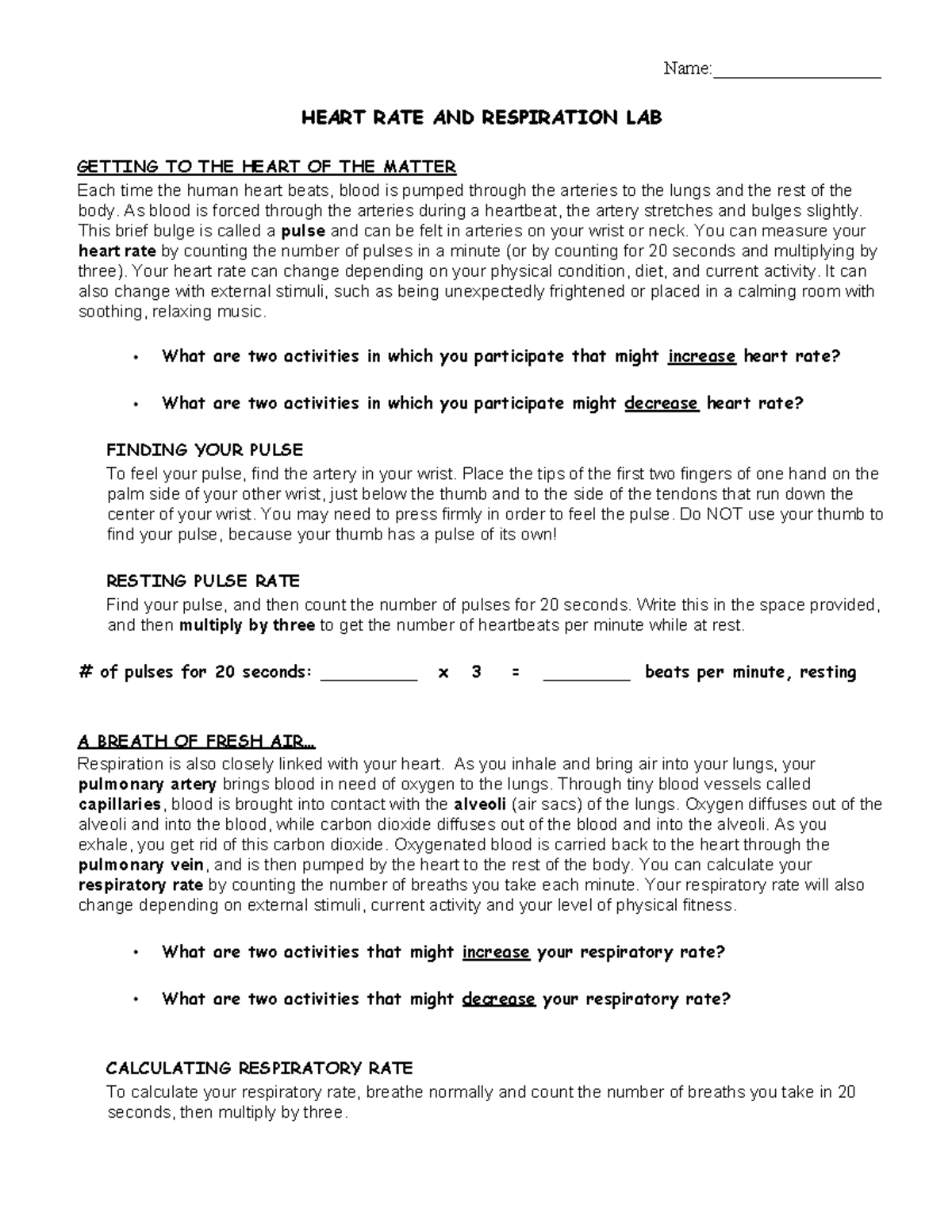 Heart Rate and Breathing Lab - Name:__________________ HEART RATE AND ...