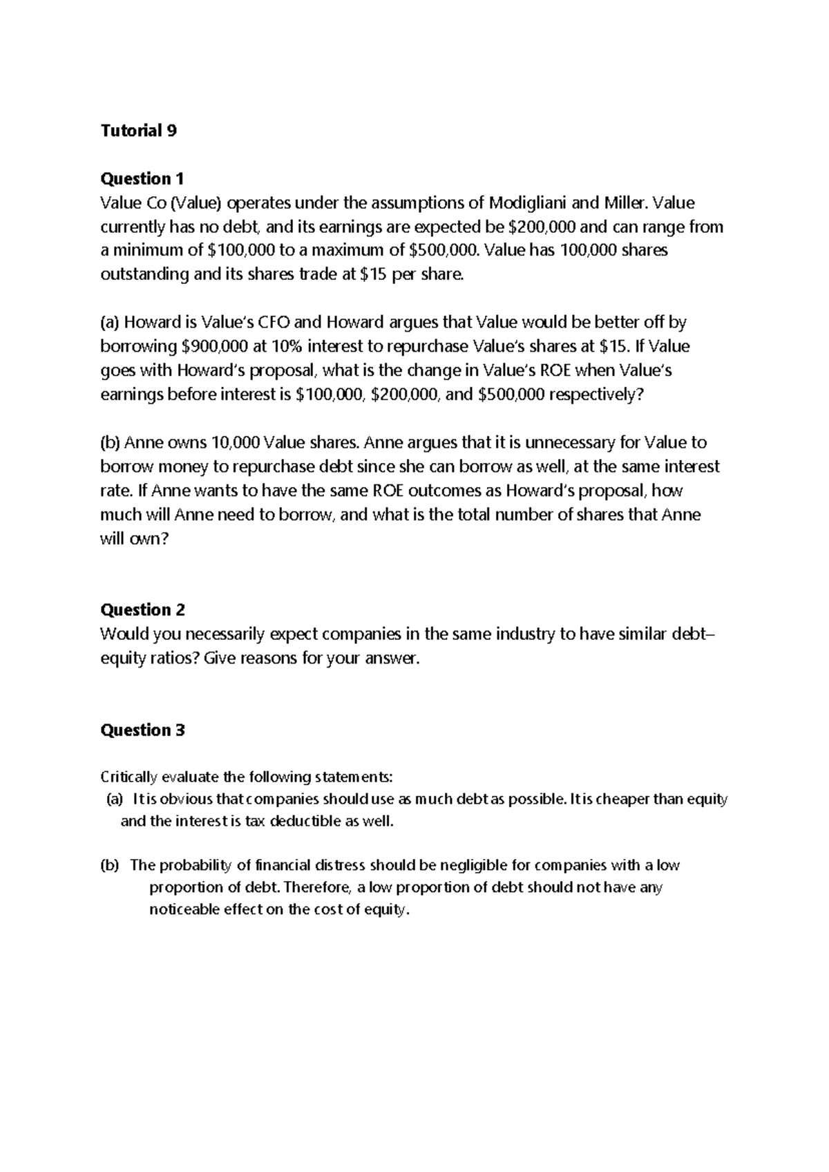 Tutorial 9 Tut Sheet Tutorial 9 Question 1 Value Co Value Operates Under The Assumptions 2493