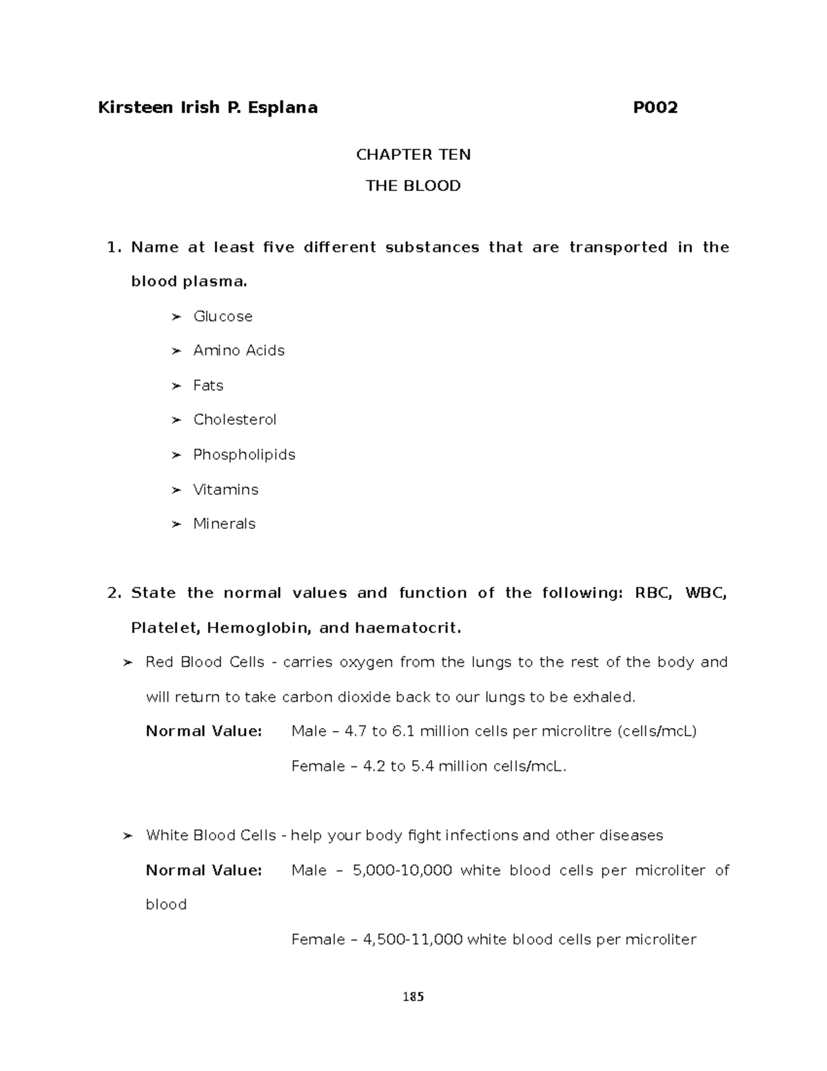 Chapter 10-The Blood Review Questions - Kirsteen Irish P. Esplana P ...