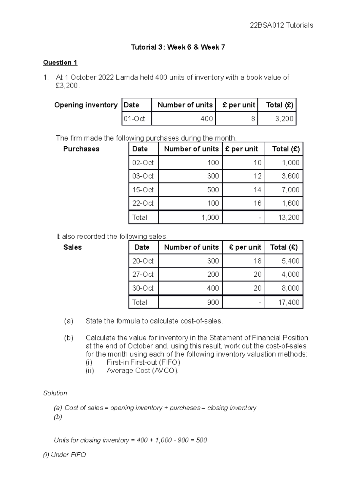 Tutorial 3 Questions And Solutions Tutorial 3 Week 6 And Week 7