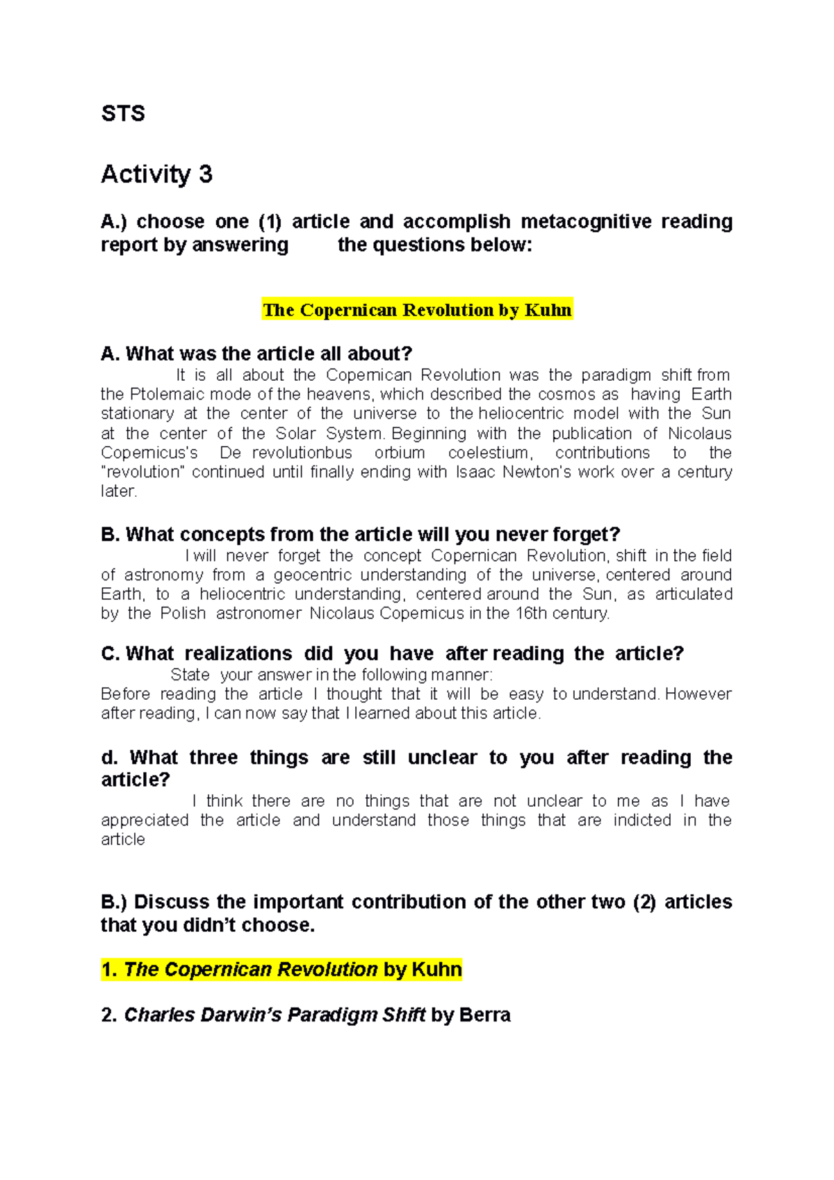 Science, Technology and Society -Activity 3 - STS Activity 3 A.) choose ...