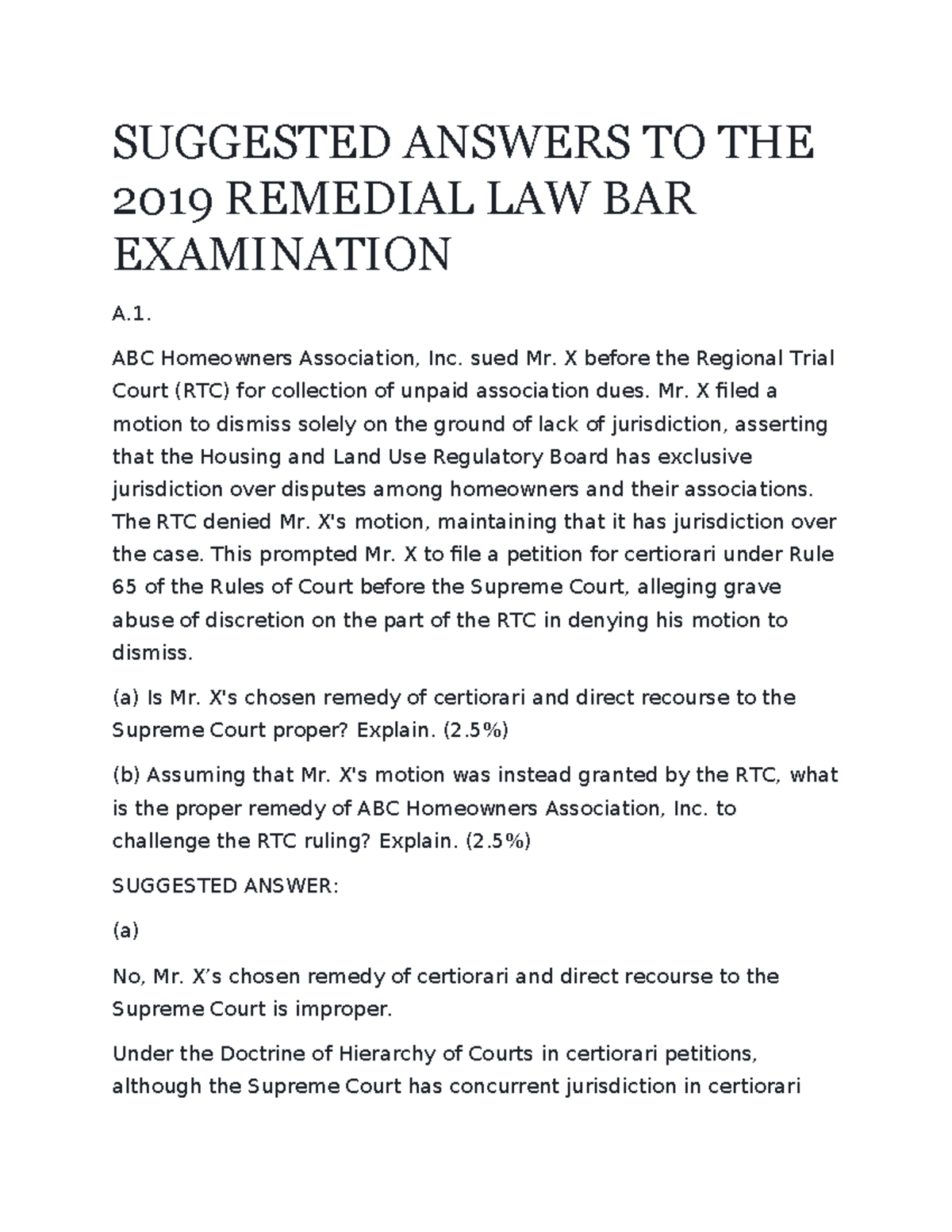 Remedial Law (2019 ) - SUGGESTED ANSWERS TO THE 2019 REMEDIAL LAW BAR ...