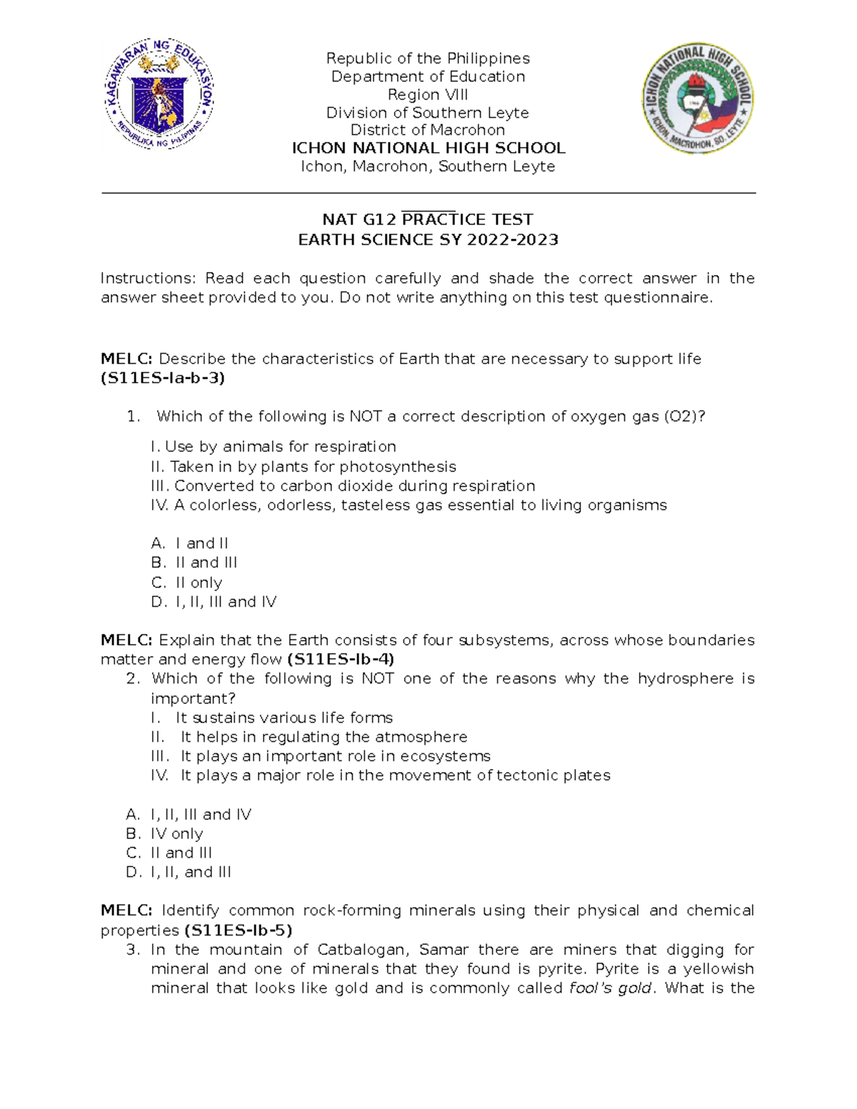 NAT Reviewer Earth- Science - Department of Education Region VIII ...