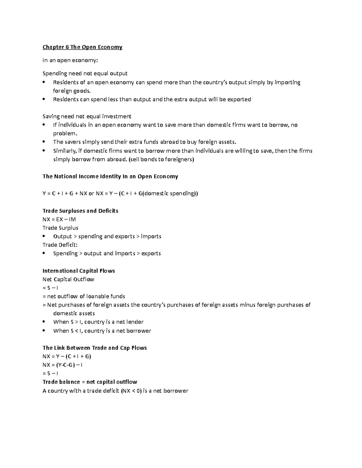 Chapter 6 - Notes - Chapter 6 The Open Economy In an open economy ...