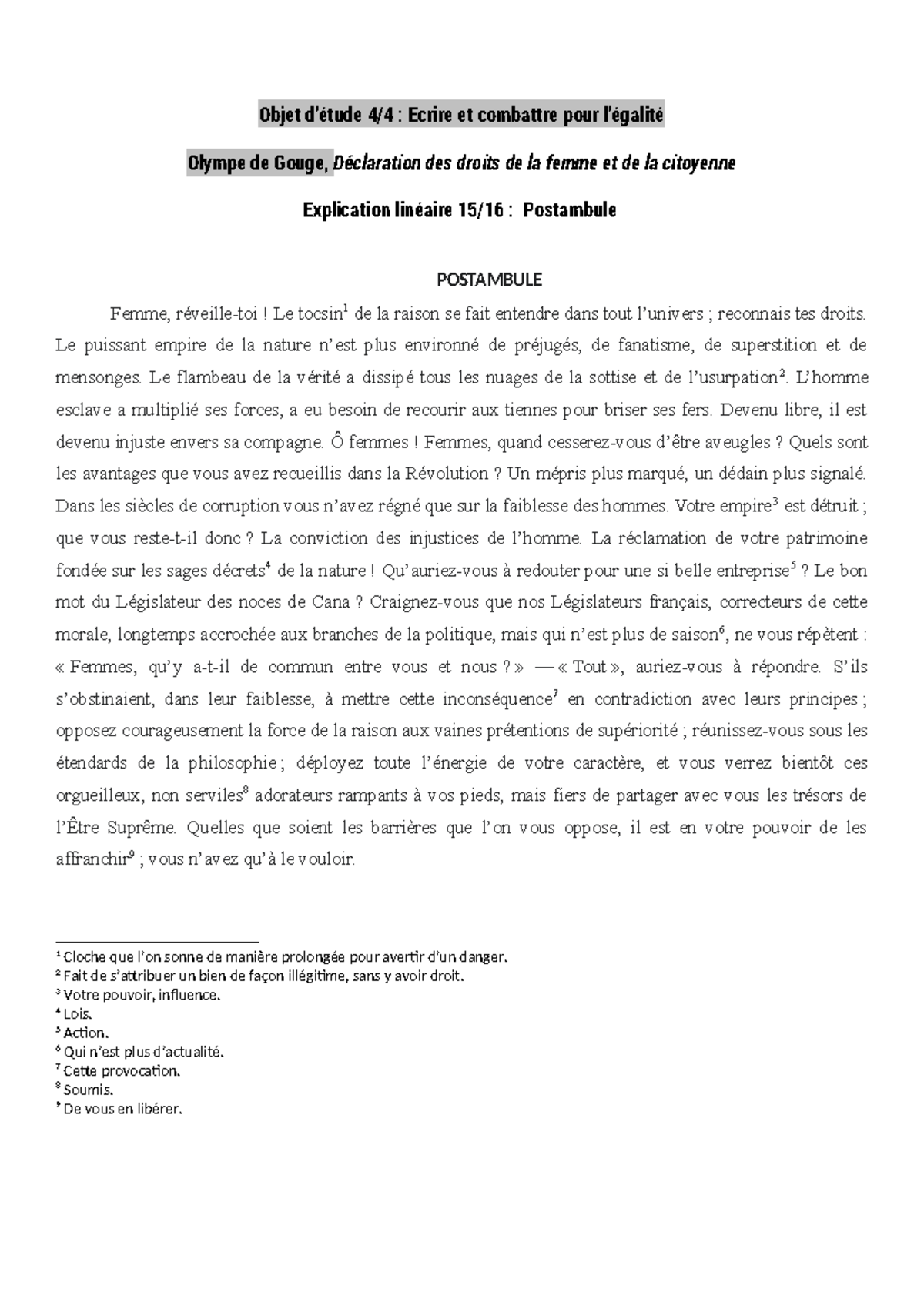 Analyse linéaire Postambule de La Déclaration des droits de la femme et ...