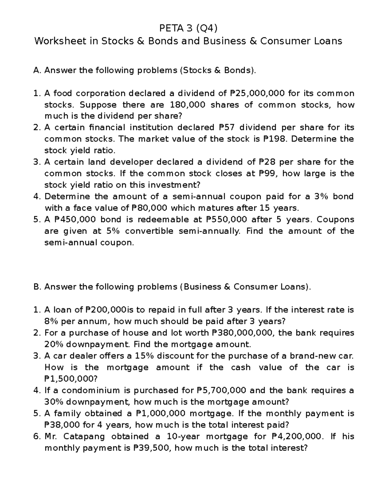 PETA-3-Q4 - PETA 3 (Q4) Worksheet in Stocks & Bonds and Business ...