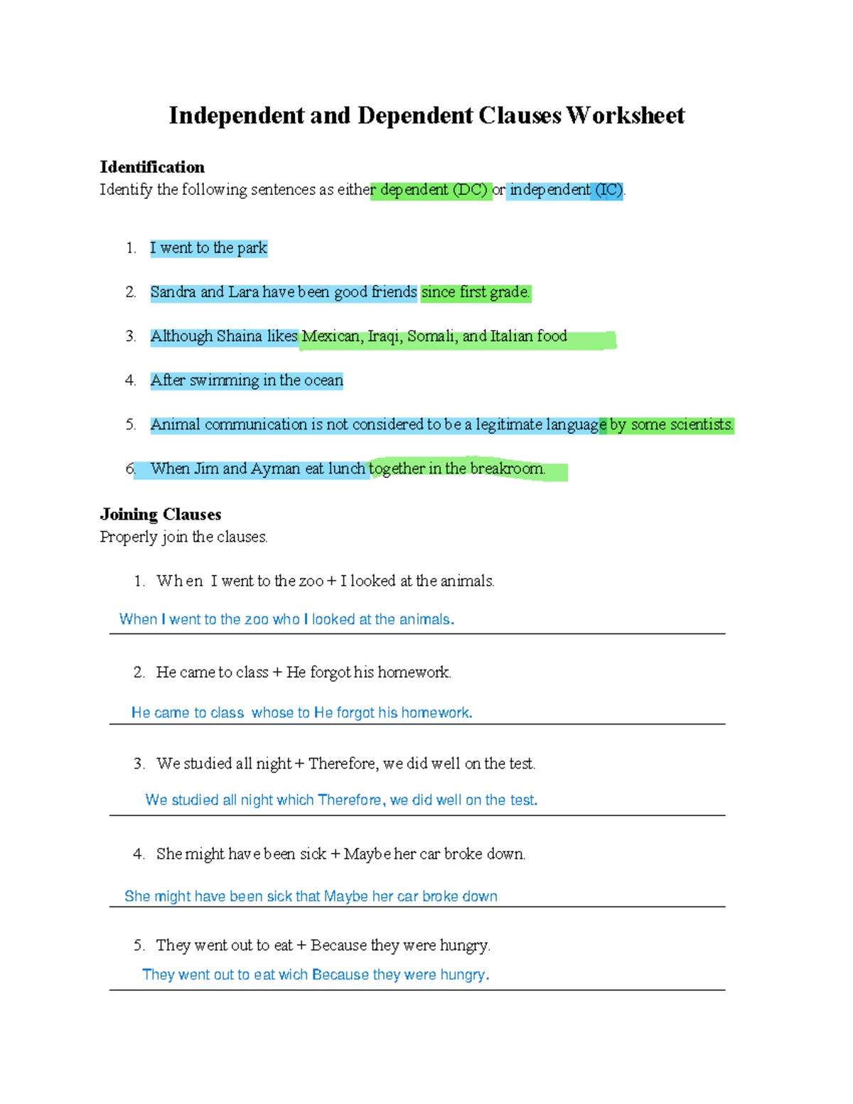 I Independent and dependent clauses worksheet and key - Independent and ...