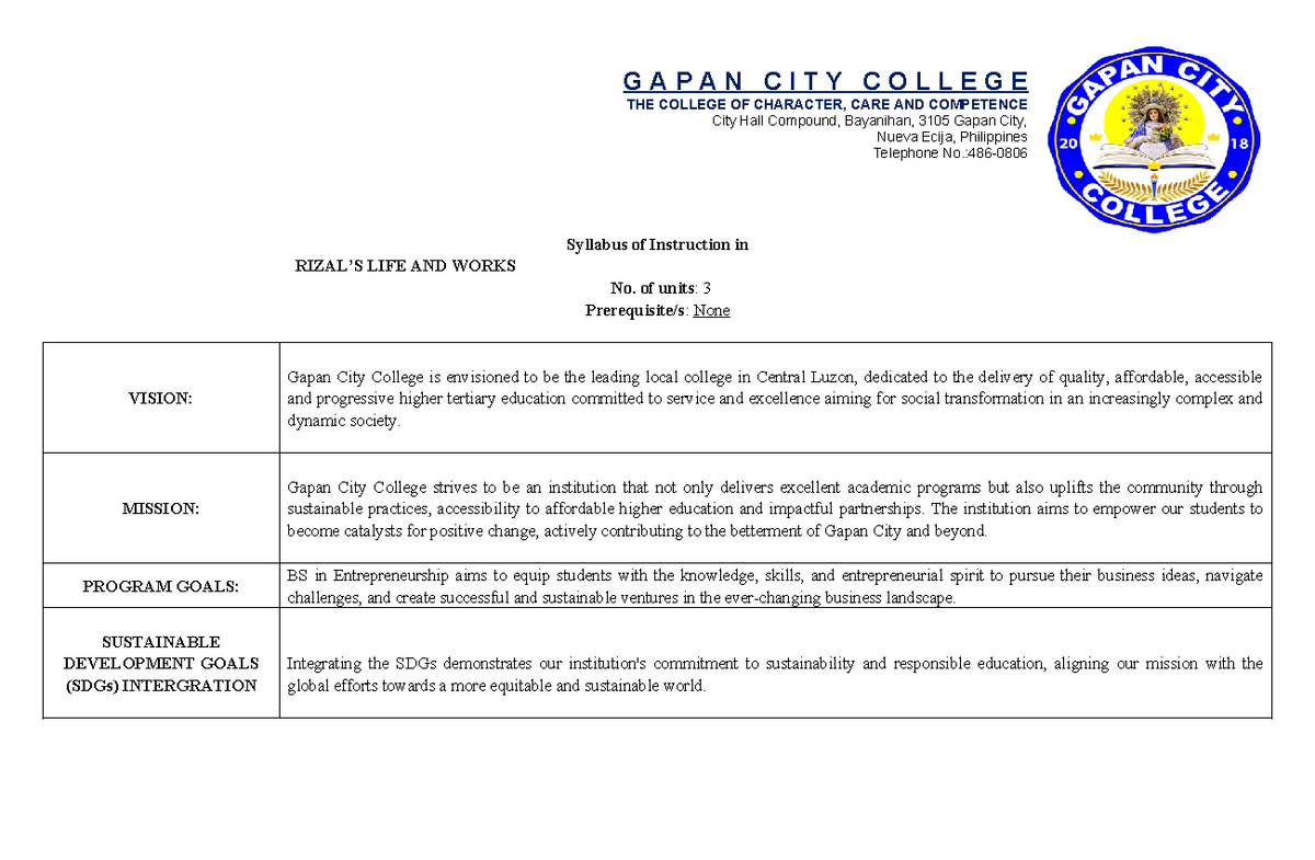 Final syllabus in rizal - Syllabus of Instruction in RIZAL’S LIFE AND ...
