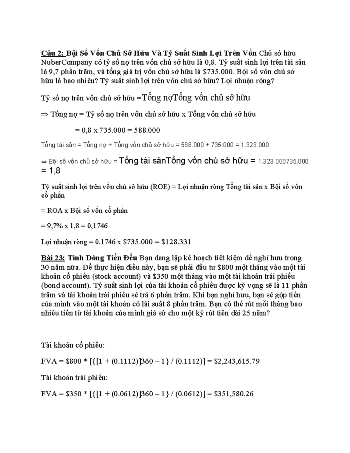 BT-TCDN-3,4,5 - tgyu - Câu 2: Bội Số Vốn Chủ Sở Hữu Và Tỷ Suất Sinh Lợi ...