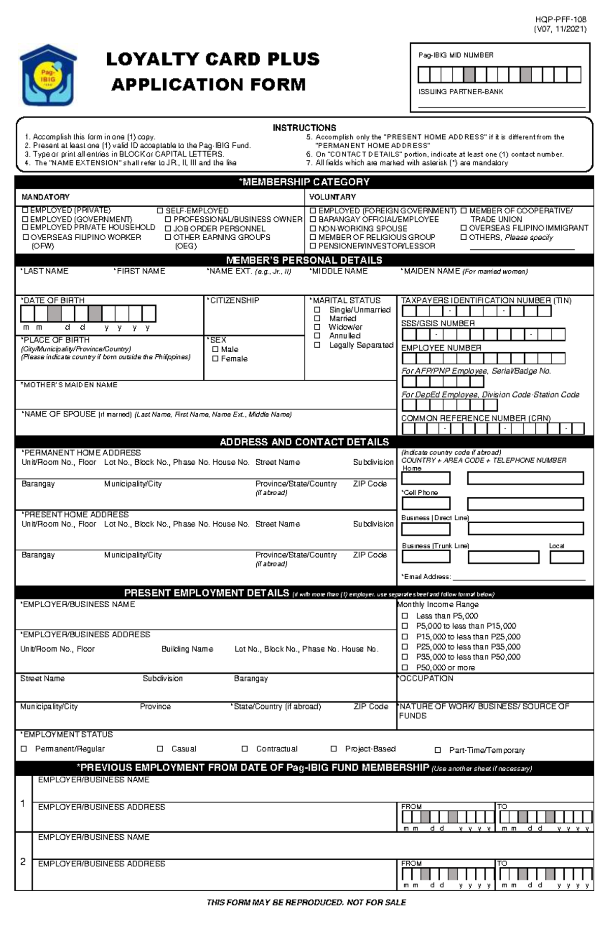 PFF108 Loyalty Card Plus Application Form V07 - Pag-IBIG MID NUMBER ...
