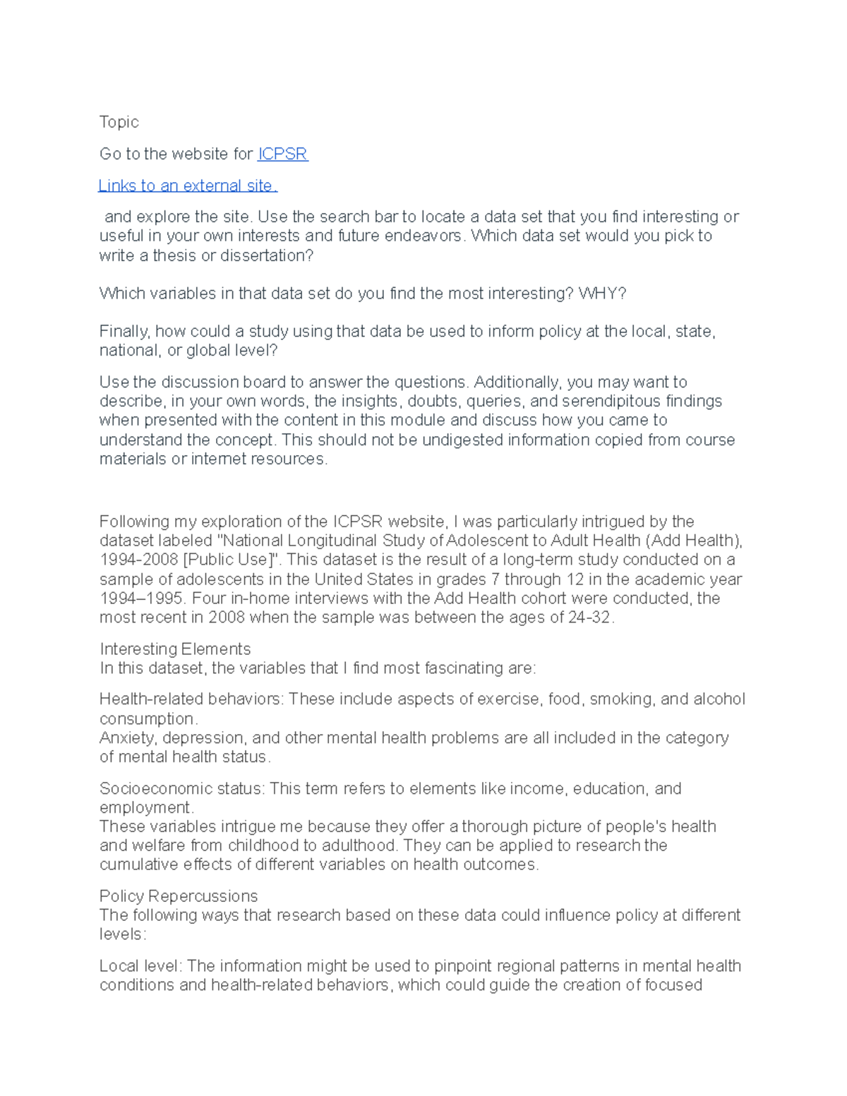 Discussion Assignment 10 Topic Go To The Website For Icpsr Links To An External Site And