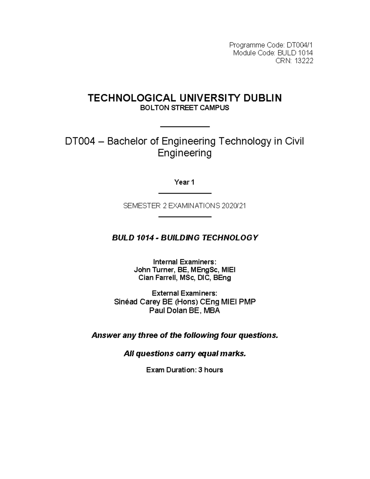 BULD 1014 - Supplemental Exam 2020-21 - Programme Code: DT004/ Module ...