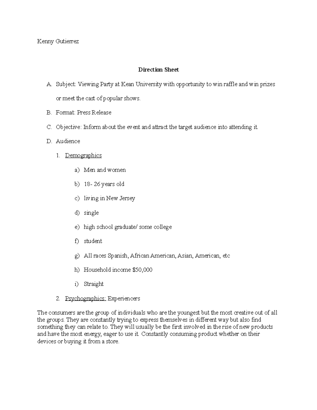 Direction sheet Public - Kenny Gutierrez Direction Sheet A. Subject ...