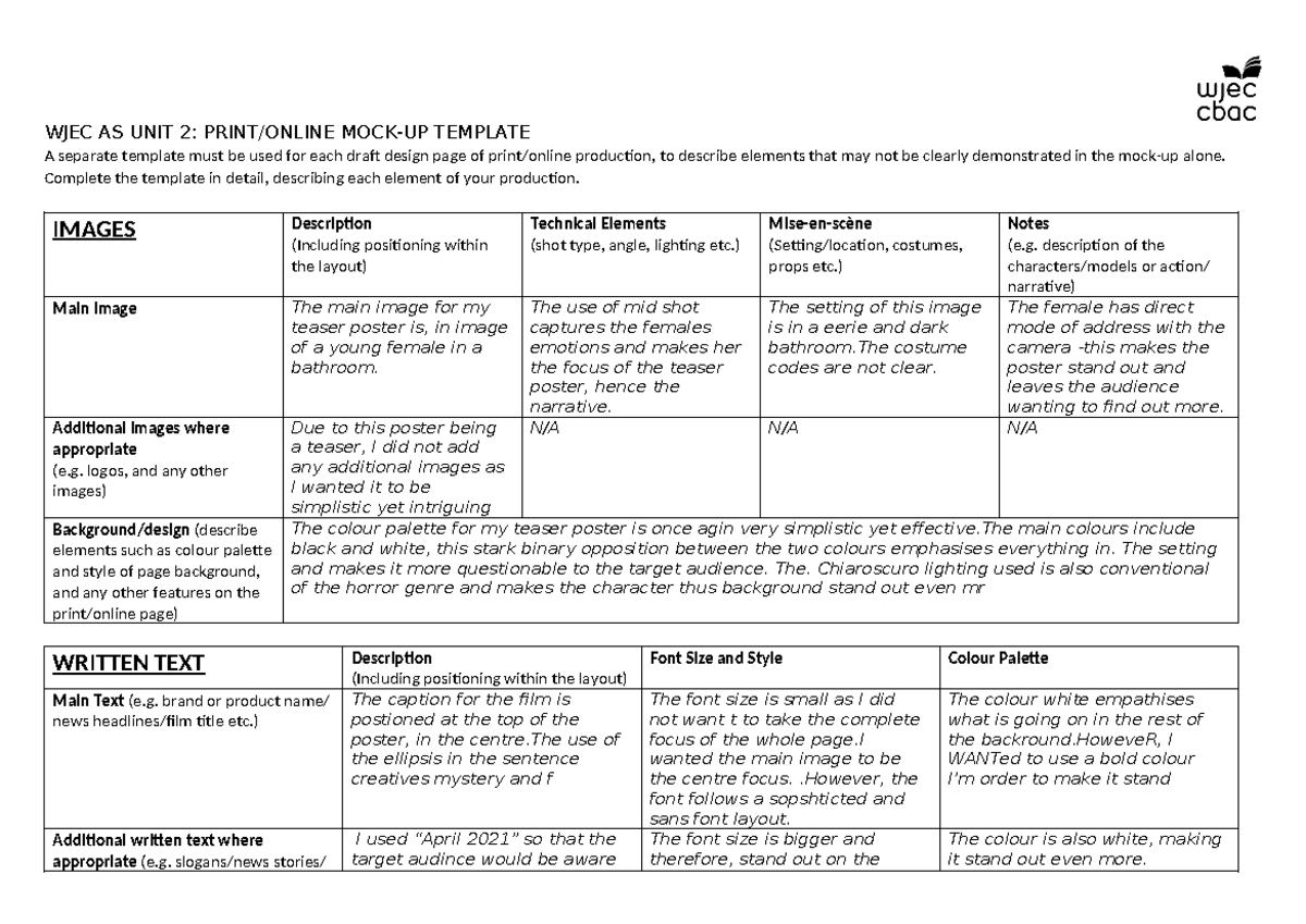 Wjec Evaluation sheet-Full poster - WJEC AS UNIT 2: PRINT/ONLINE MOCK ...