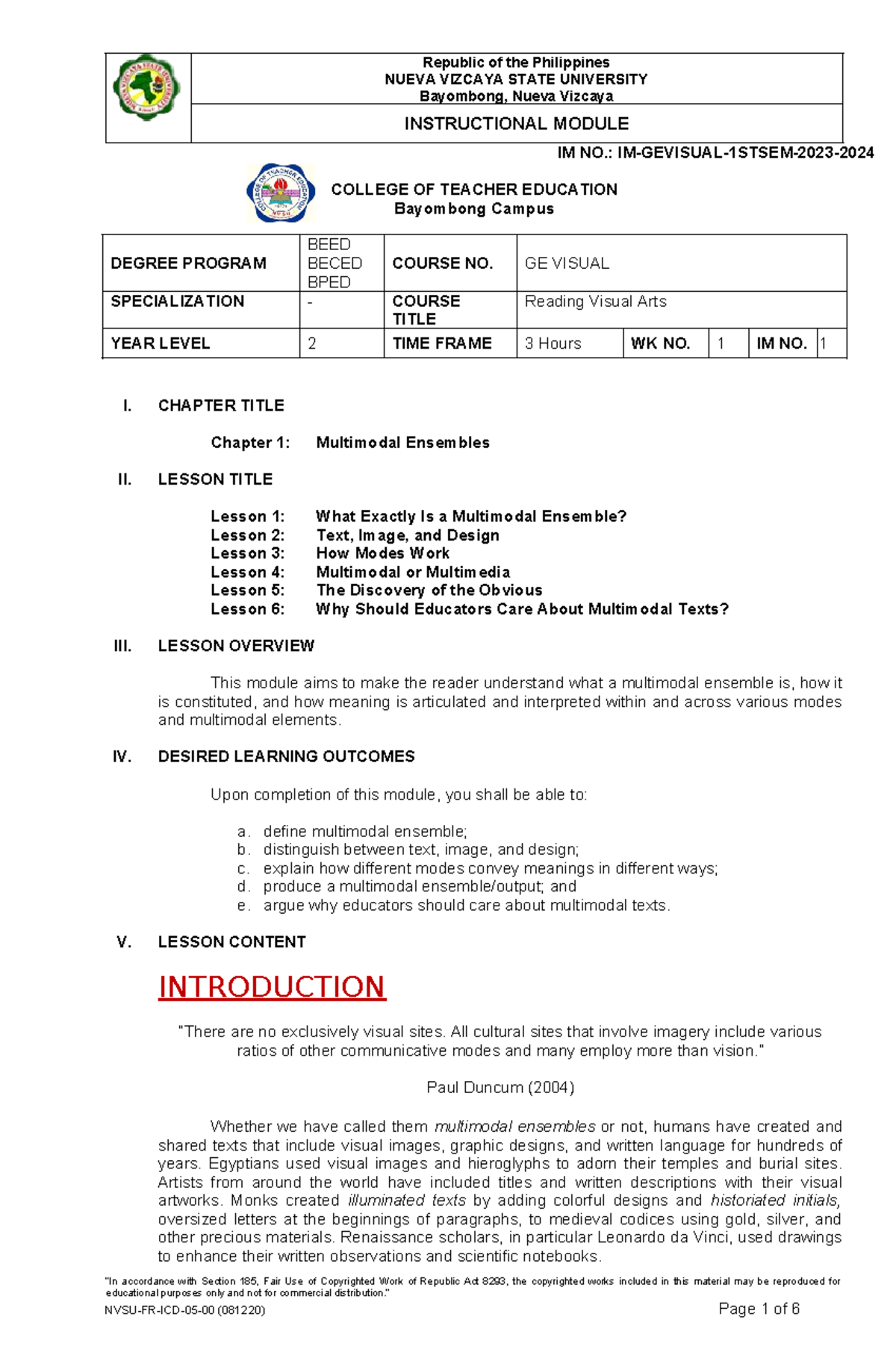 GE Visual Module 1 - PPPPPP - NUEVA VIZCAYA STATE UNIVERSITY Bayombong ...