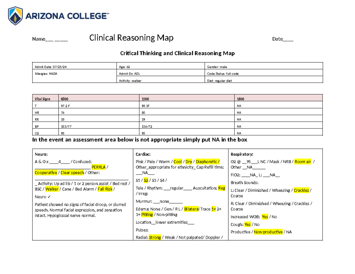 NUR Concept Map - Critical Thinking and Clinical Reasoning Map Admit ...
