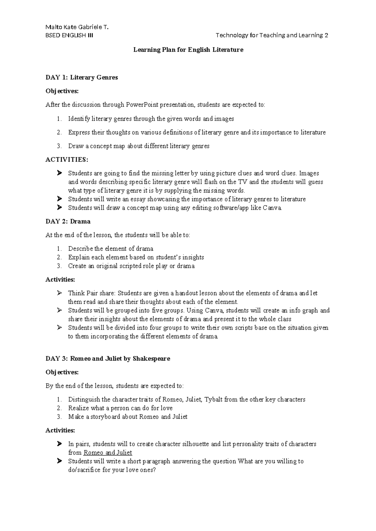 5 Day Learning Plan for English Literature - Malto Kate Gabriele T ...