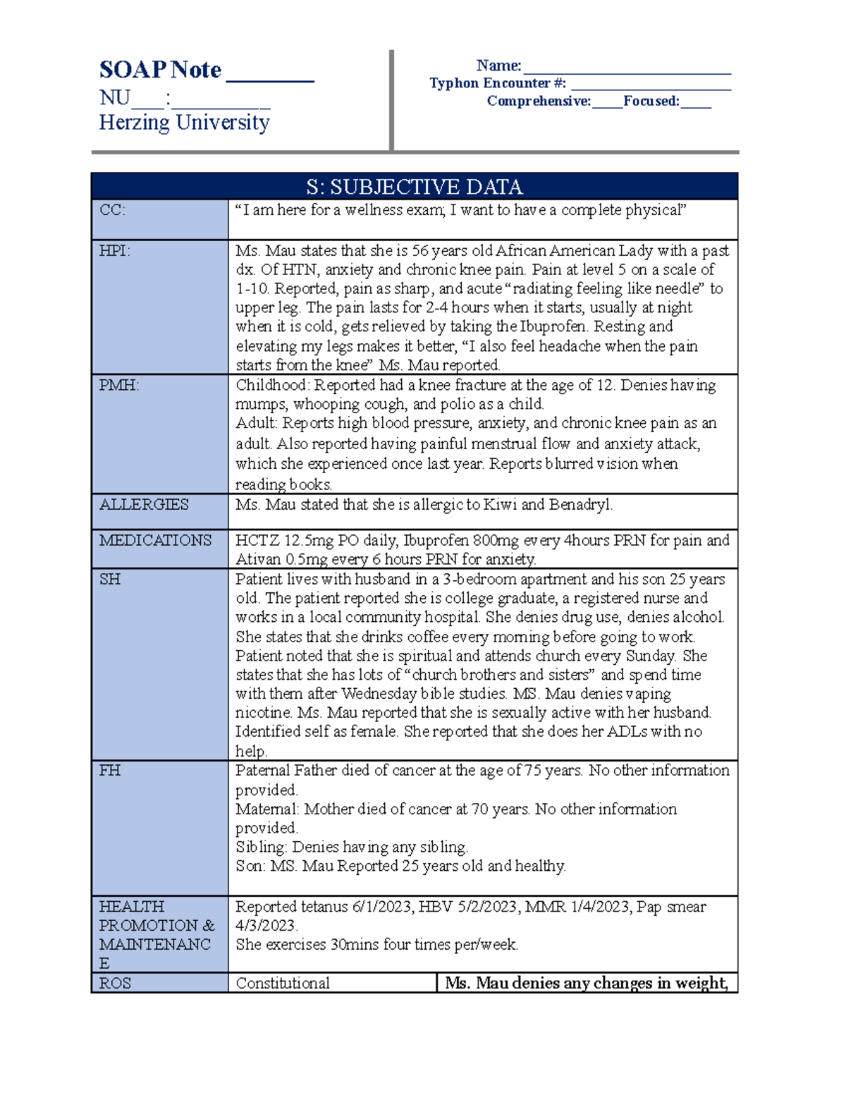 Case study week 4 - physical assessment - SOAP Note _______ NU ...