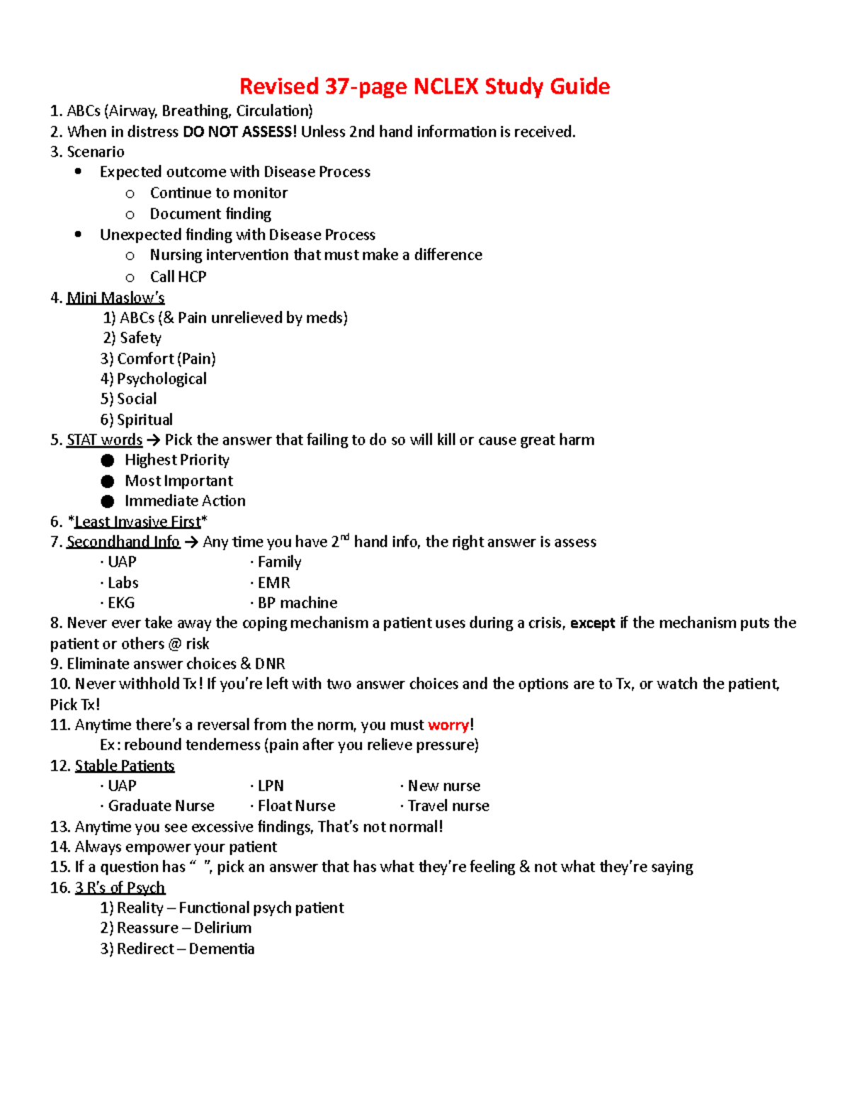 37 Page Revised Nclex - Revised 37-page NCLEX Study Guide 1. ABCs ...