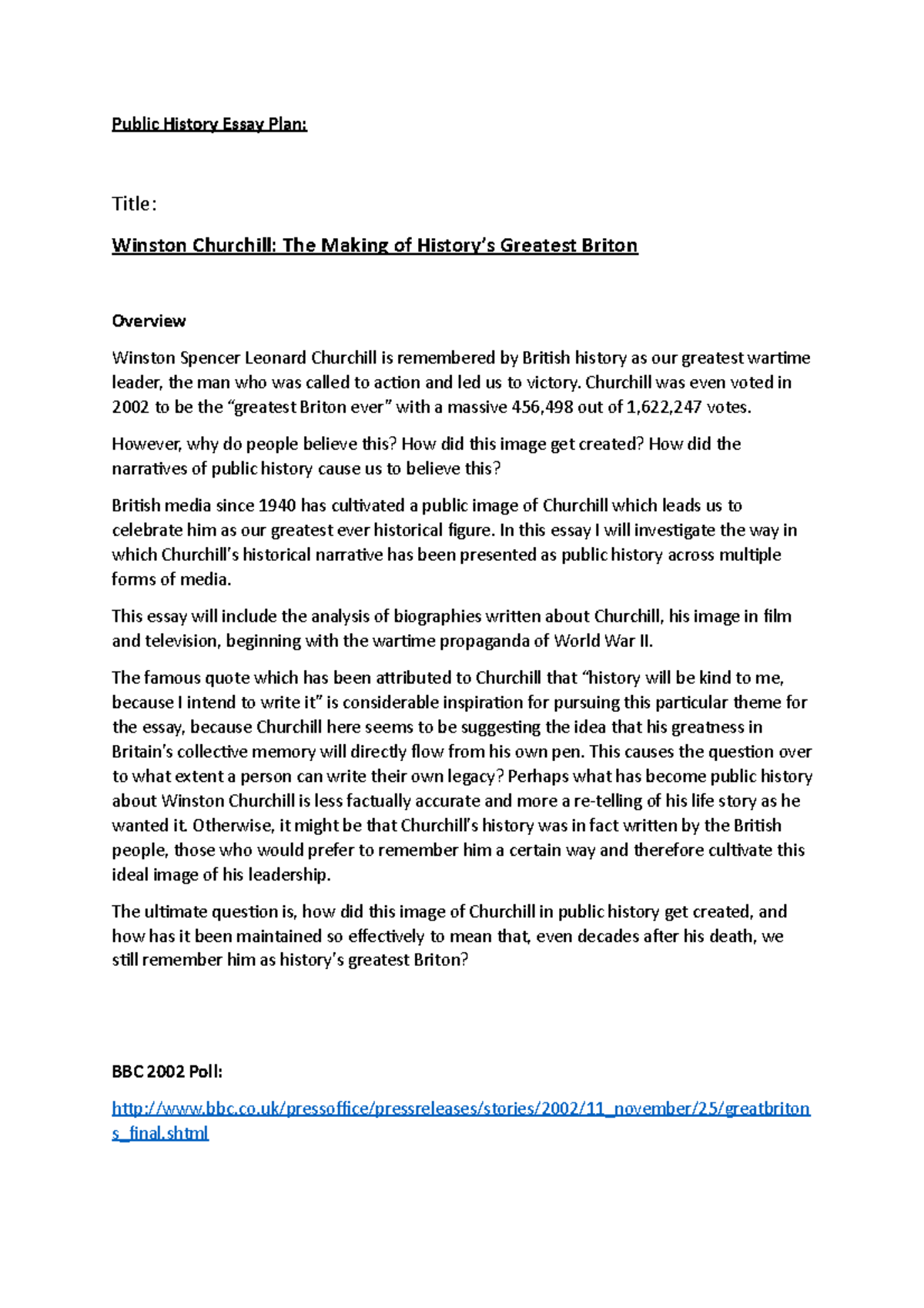 Public History Essay Plan - Public History Essay Plan: Title: Winston ...