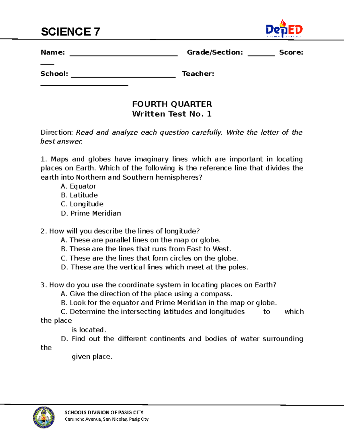 WW1 Q4 Science 7 Questions Final 2 - Name ...