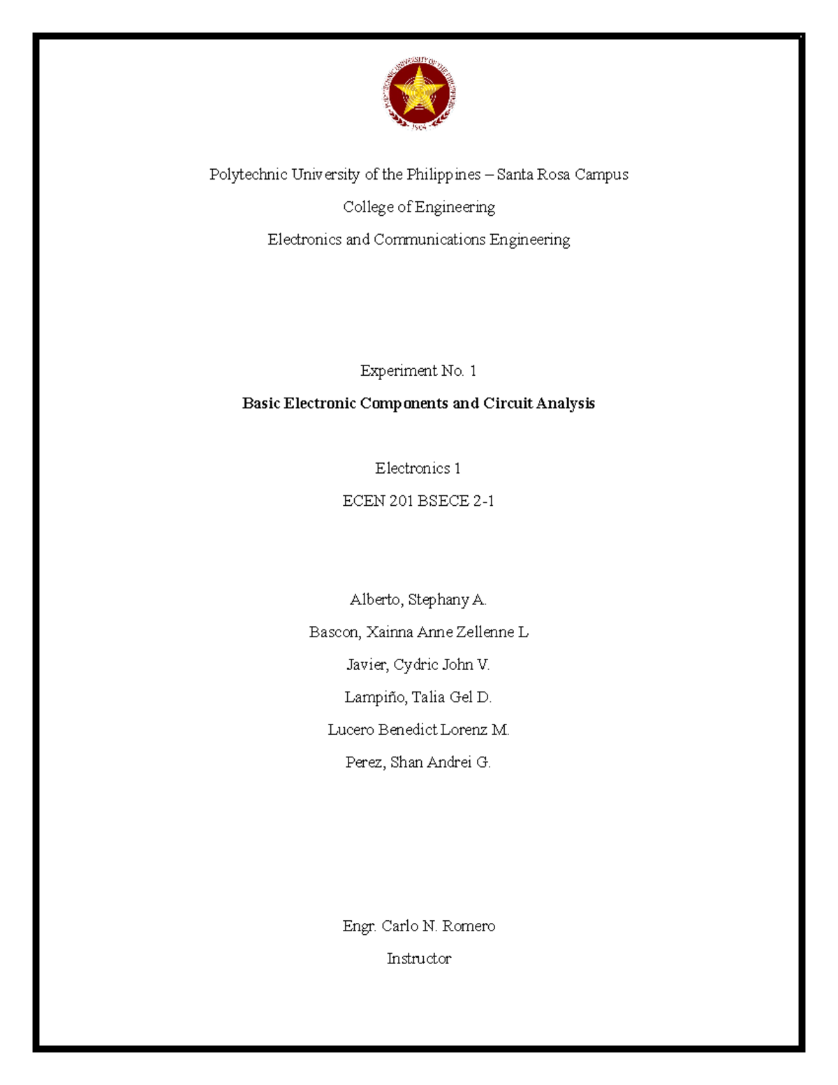 Lab Experiment 1 - Polytechnic University of the Philippines – Santa ...