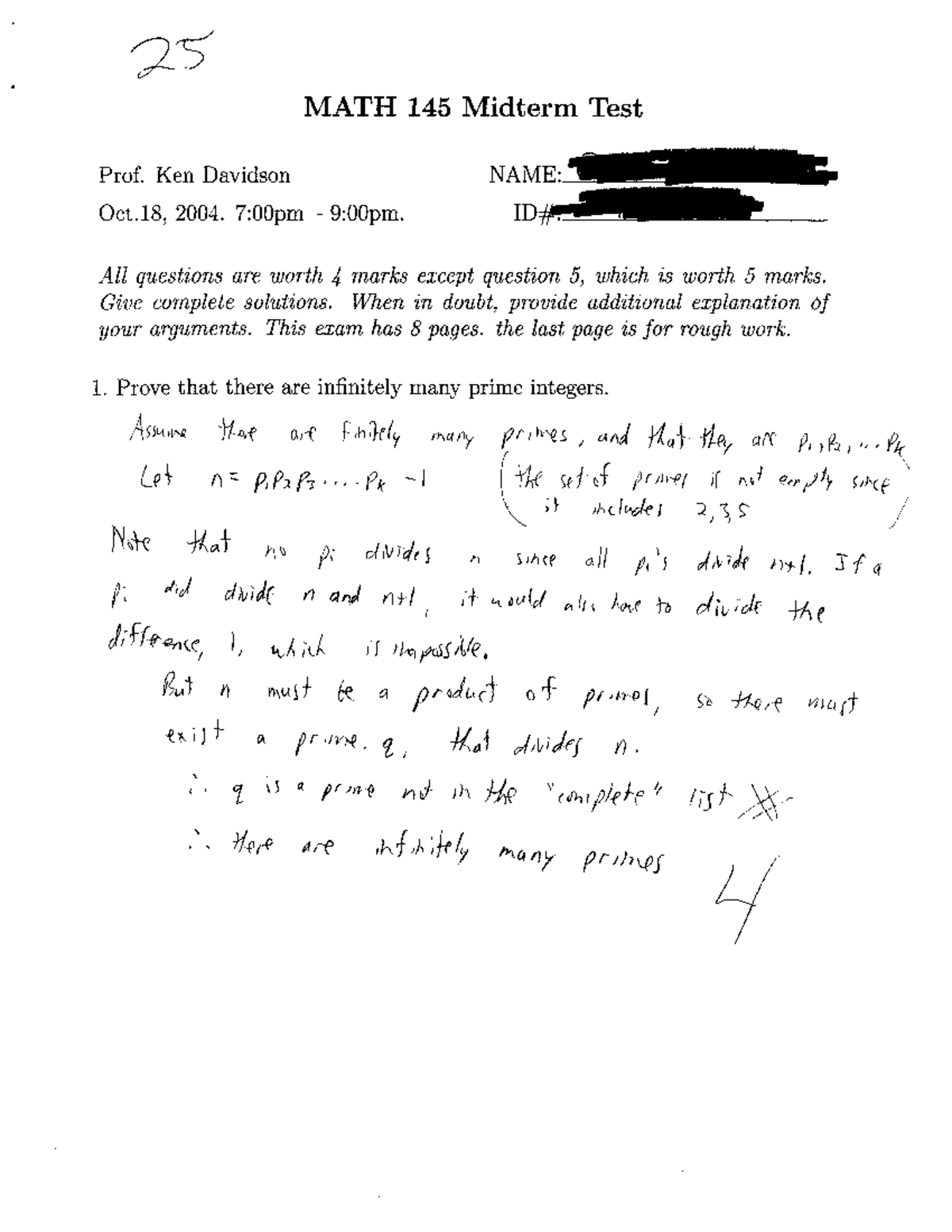 Exam 18 October 2004, questions - MATH 145 Midterm Test Prof. Ken ...