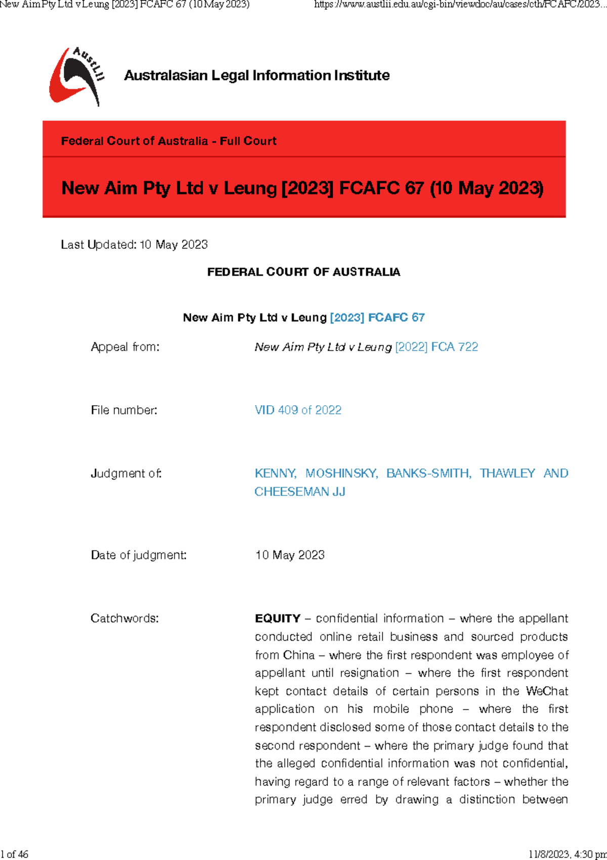 New Aim Pty Ltd v Leung [2023] Fcafc 67 (10 May 2023) - ENGG1300 - UNSW ...
