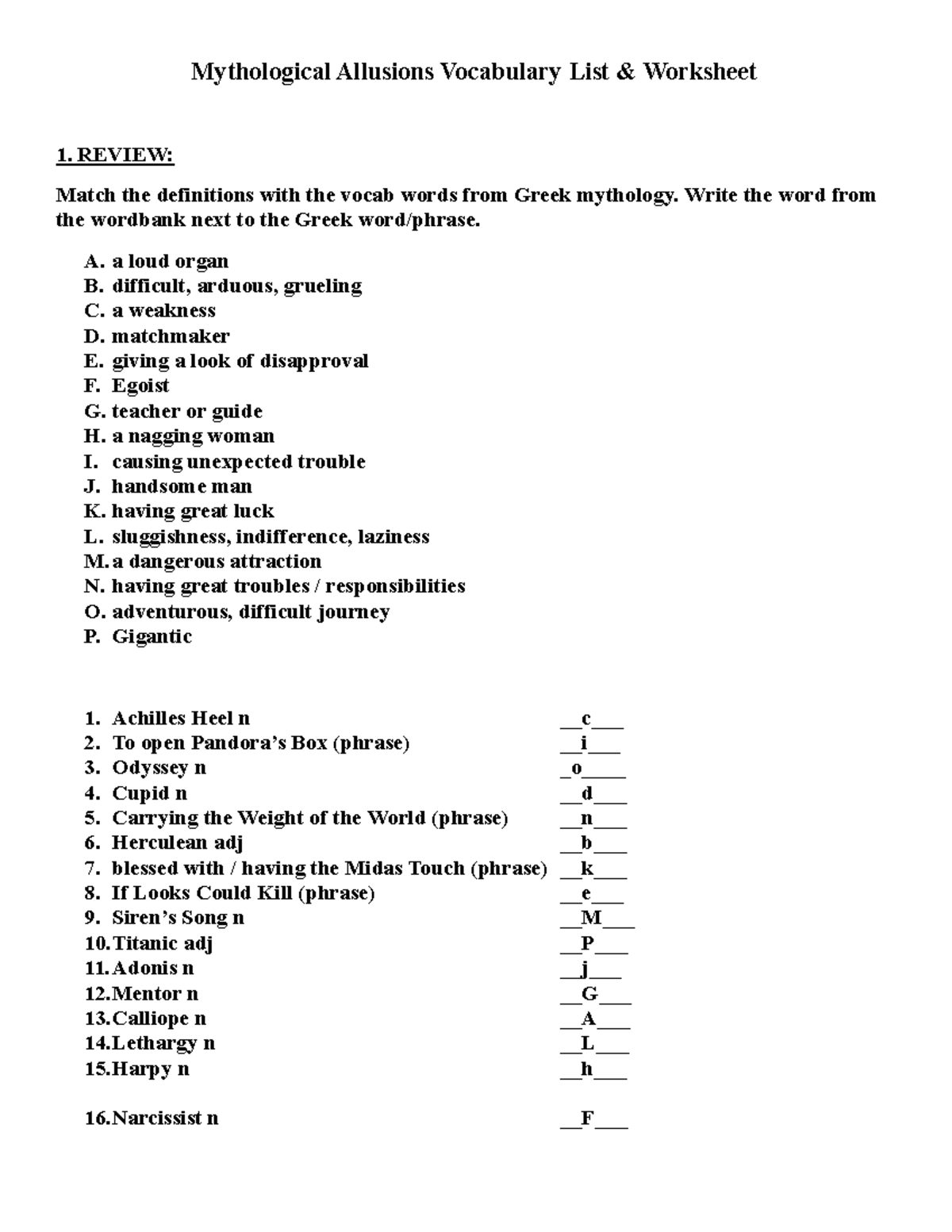 Vocab from Ancient Greek myths matching Worksheet - Mythological ...