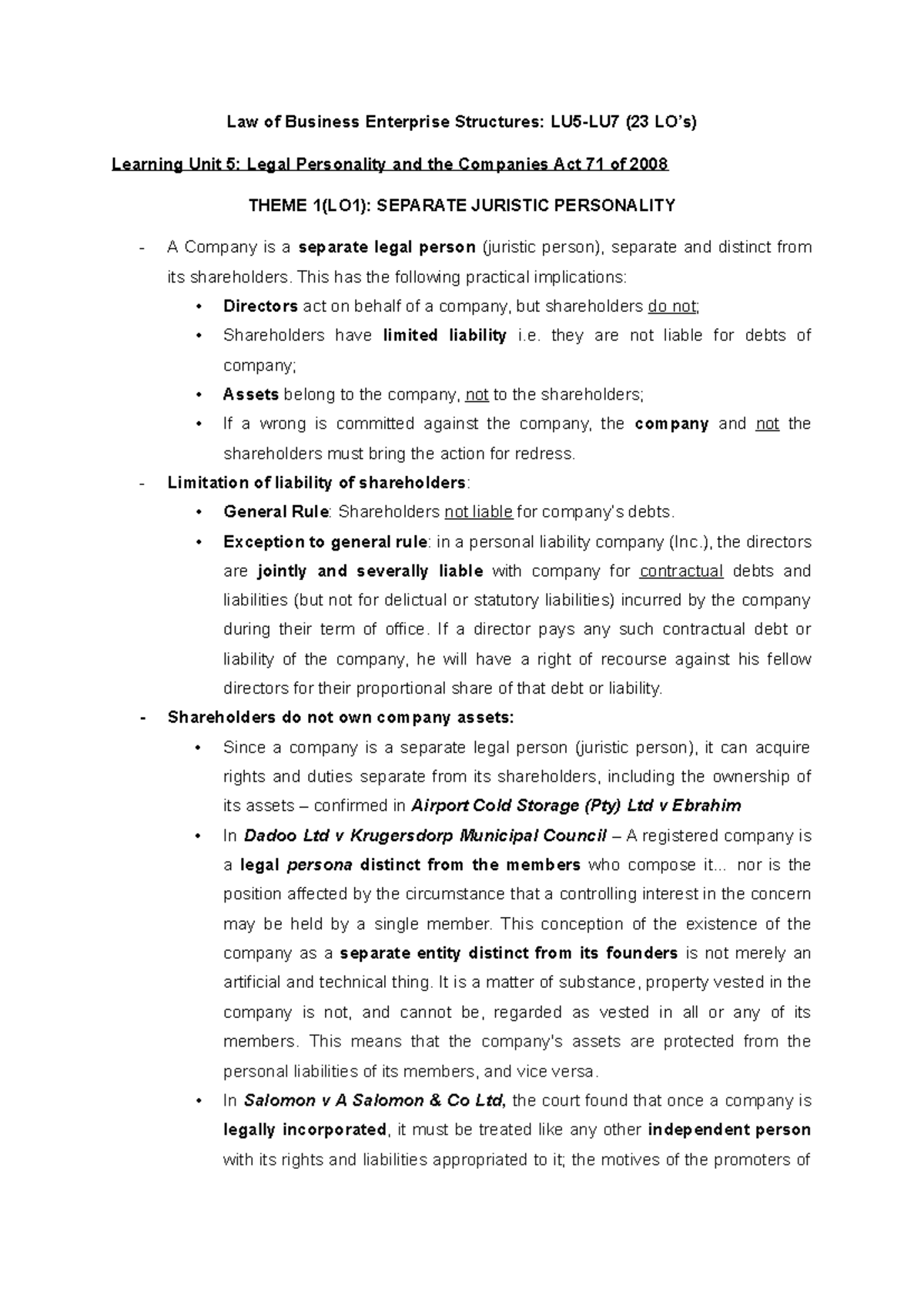 Law of Business Enterprise Structures LU5 + LU6 - Law of Business ...