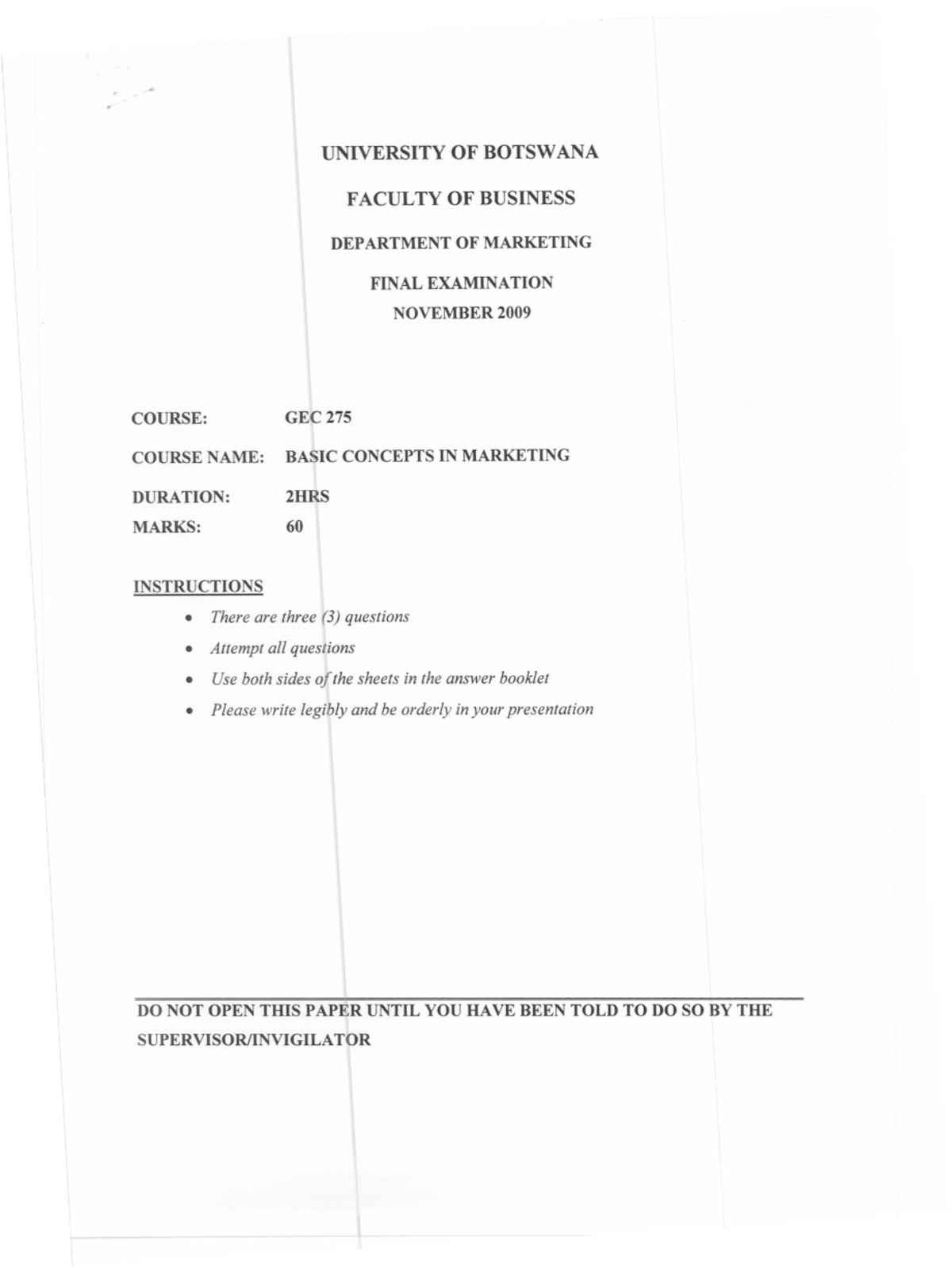 basic concept in marketing exam questions - Business Administration in ...