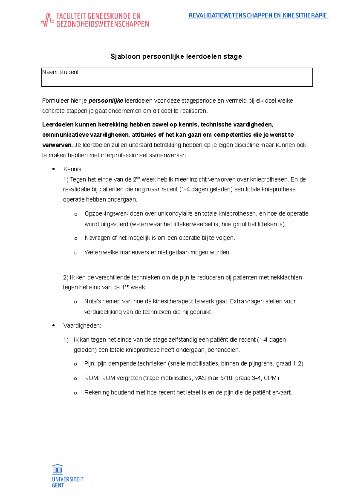 Leerdoelen stage - Sjabloon persoonlijke leerdoelen stage Naam student ...