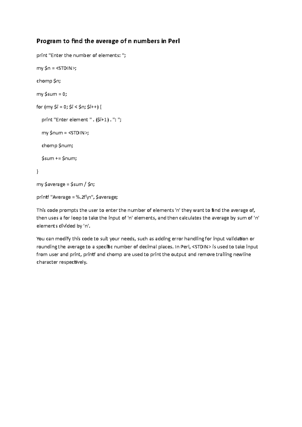 Average Perl Finding Average Of N Numbers Using Perl Program To