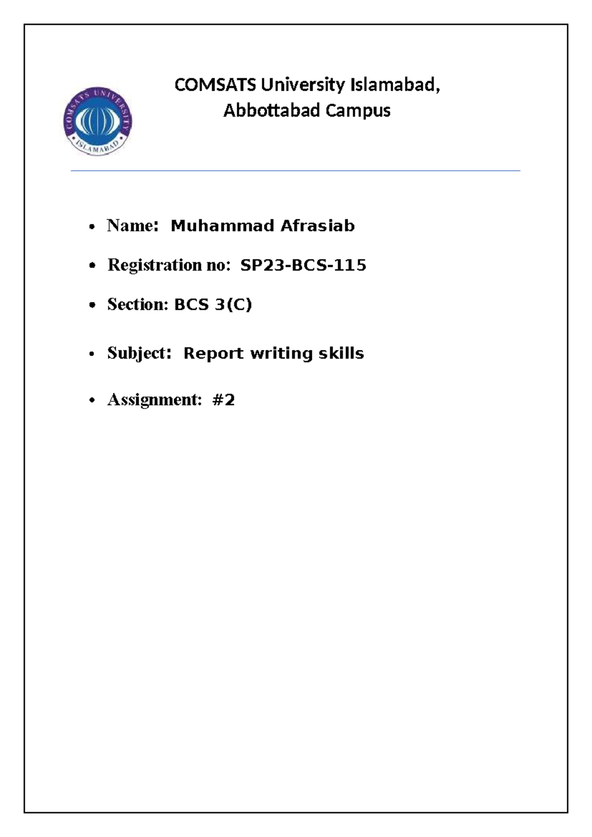 Assigmnet 2 report writing - COMSATS University Islamabad, Abbottabad ...